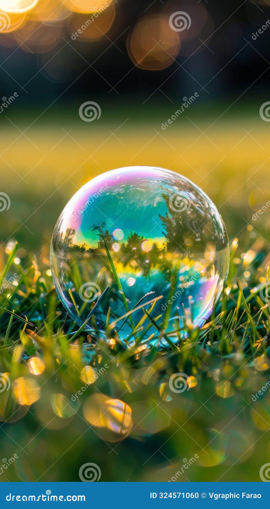 Soap Bubble Reflecting Trees and Sky on Grass, Close-up View. Nature ...
