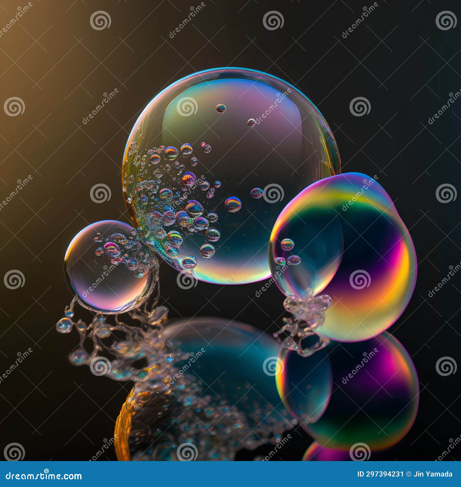 Soap Bubbles with Reflection on Black Background. 3D Illustration Stock ...