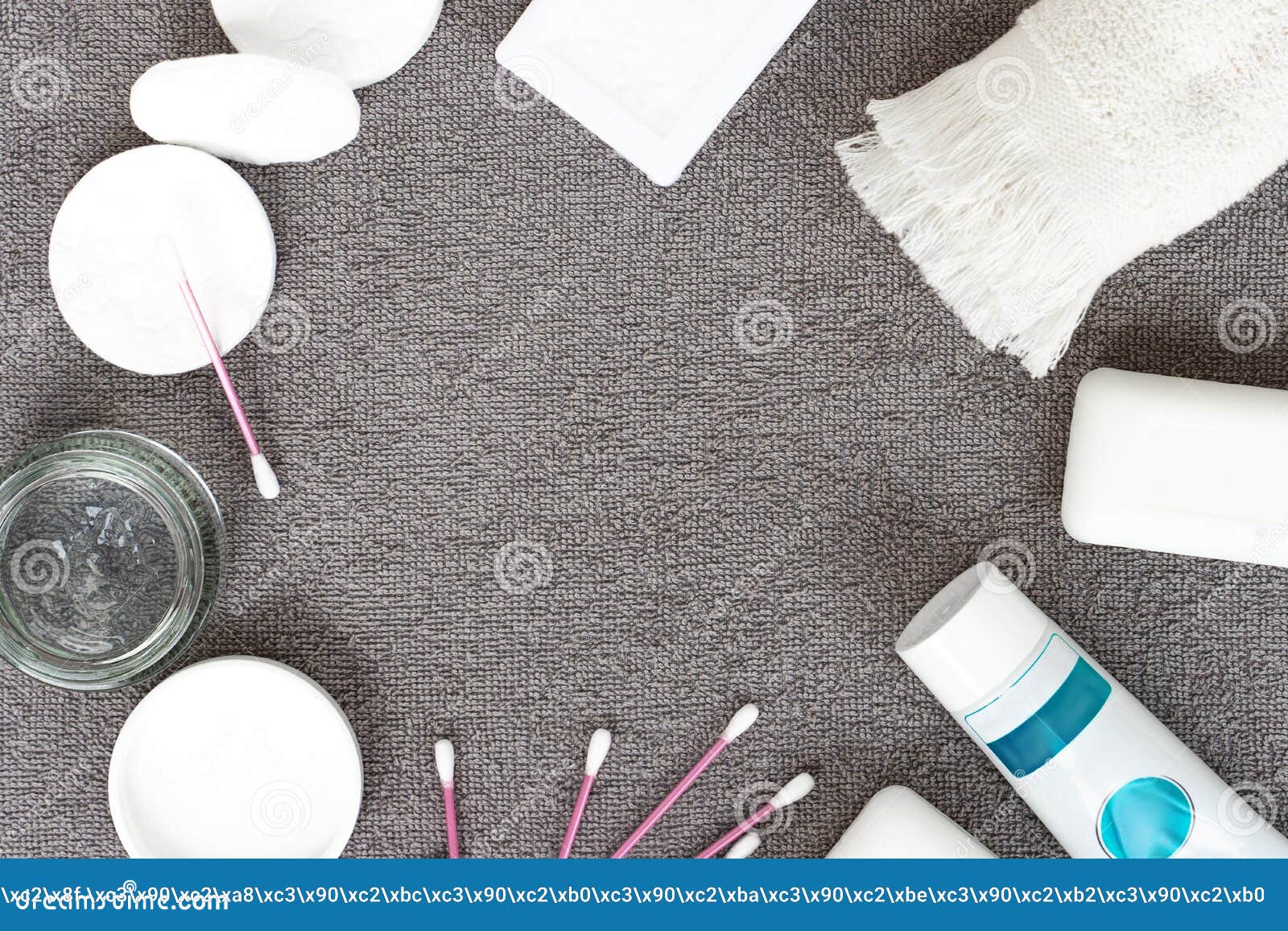 Soap, Towel, Toothpaste, Cream on a Gray Background. Hygiene Products ...