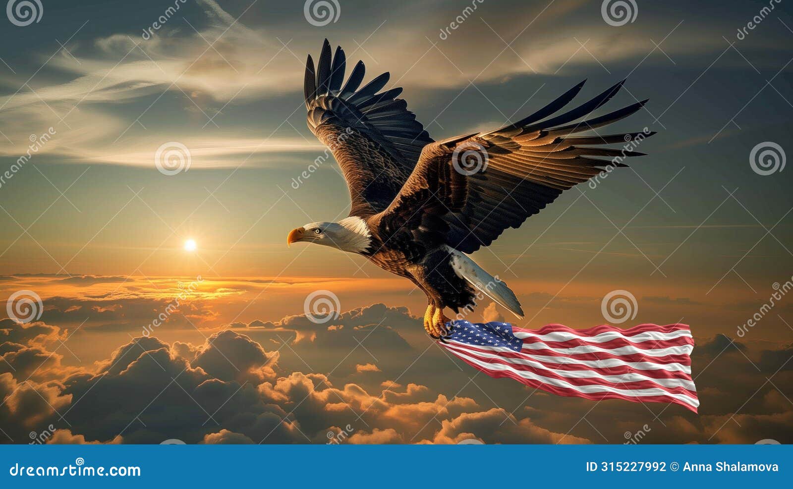 Soaring Eagle and American Flag Against a Sunrise Sky on Independence ...
