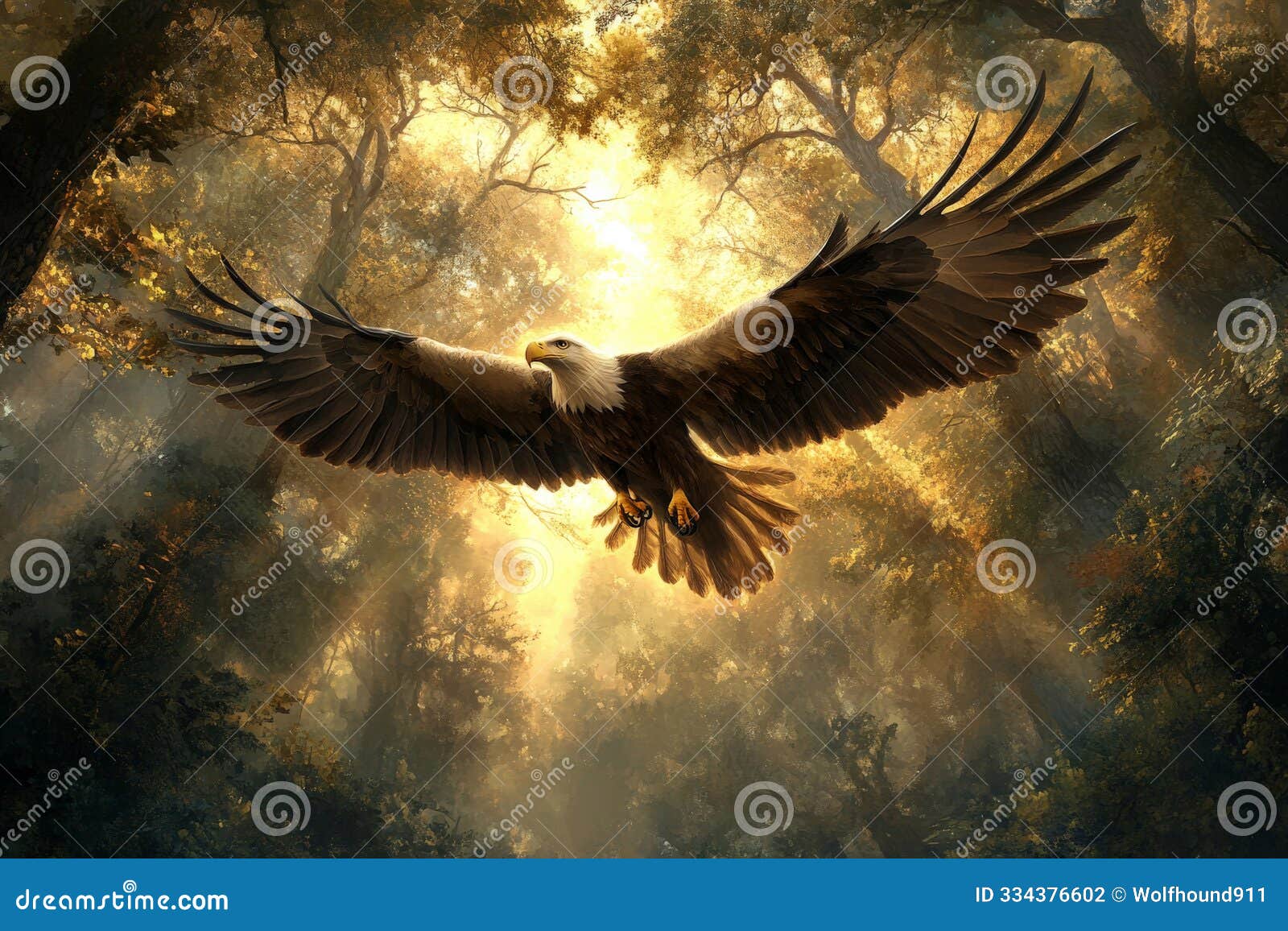 A Soaring Eagle with Wings Spread Wide, Blending into a Dense Forest ...