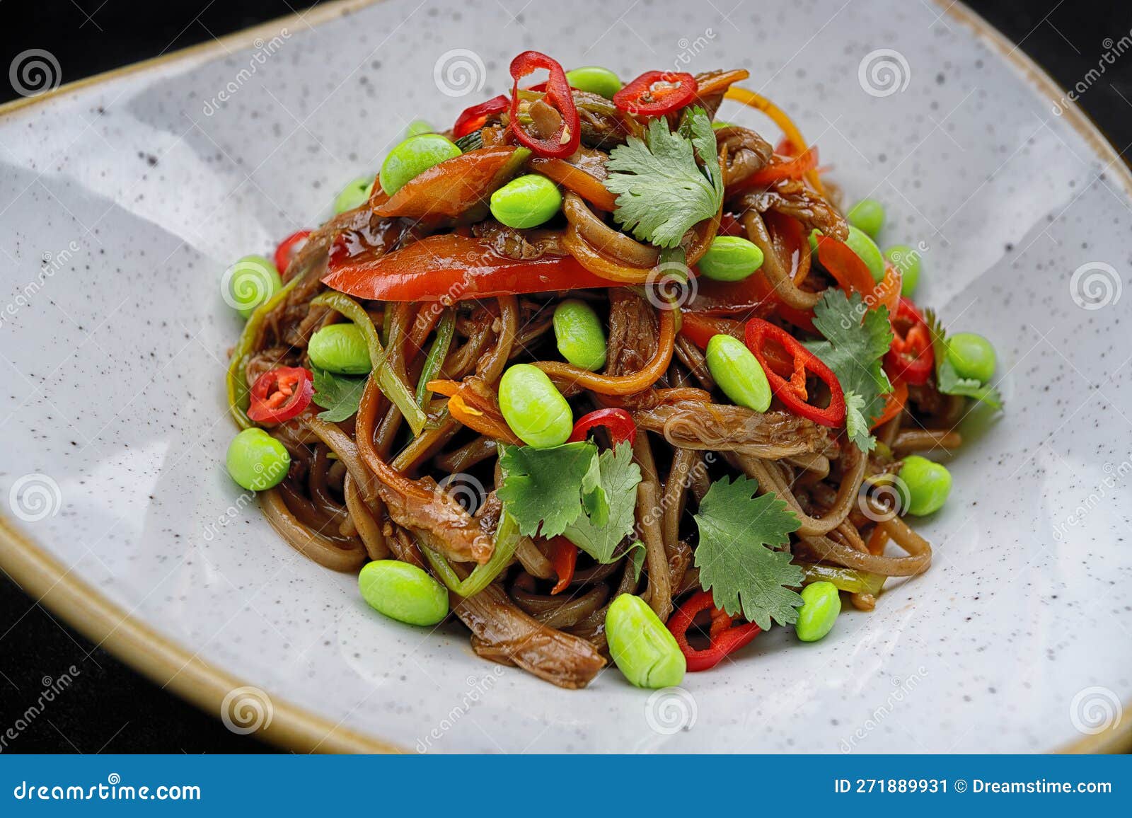 Soba with Duck, Vegetables and Hot Pepper on a Plate Stock Image ...