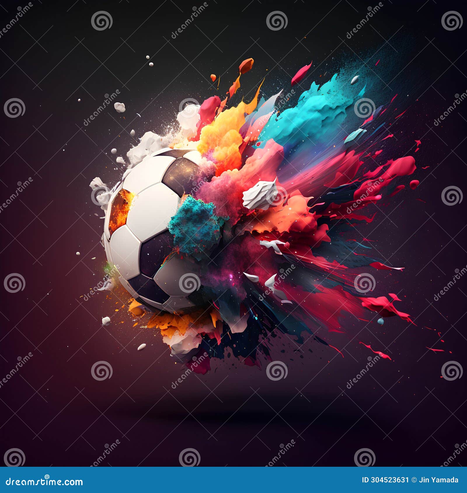 Soccer Ball with Abstract Paint Splashes on Dark Background. 3d ...