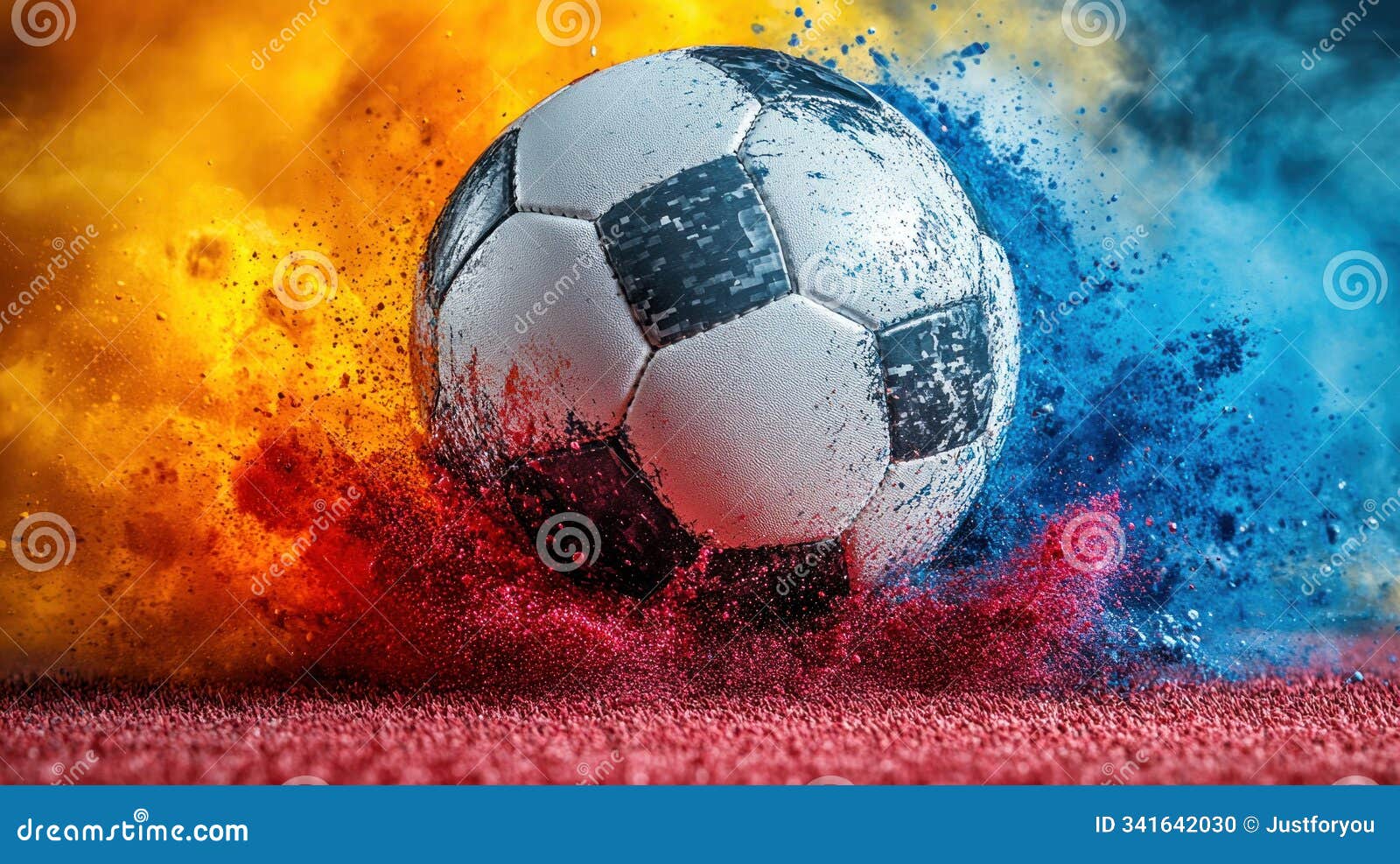 Soccer Ball Exploding with Colorful Powder on Grass Field Stock ...