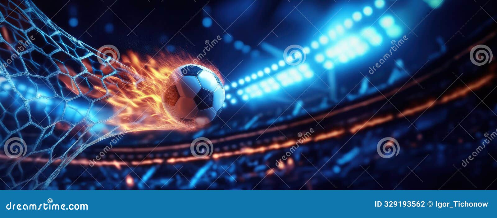A Soccer Ball on Fire Hitting the Back of the Net in a Stadium ...