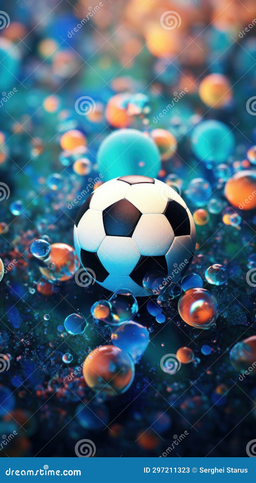 A Soccer Ball Floating in Bubbles on a Dark Background, AI Stock ...