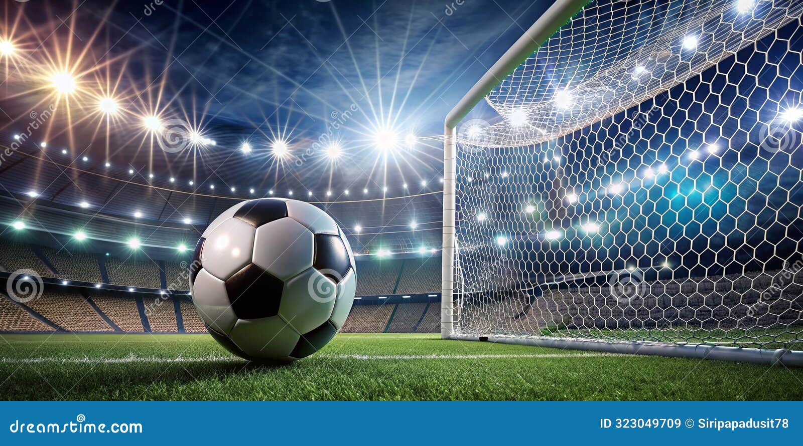 Soccer Ball in the Goal with Stadium Lights Generative by AI Stock ...