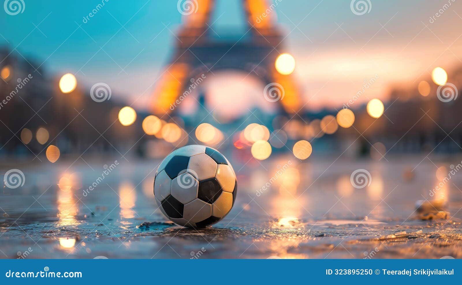 A Soccer Ball Sits on a Wet Pavement with the Eiffel Tower Background ...
