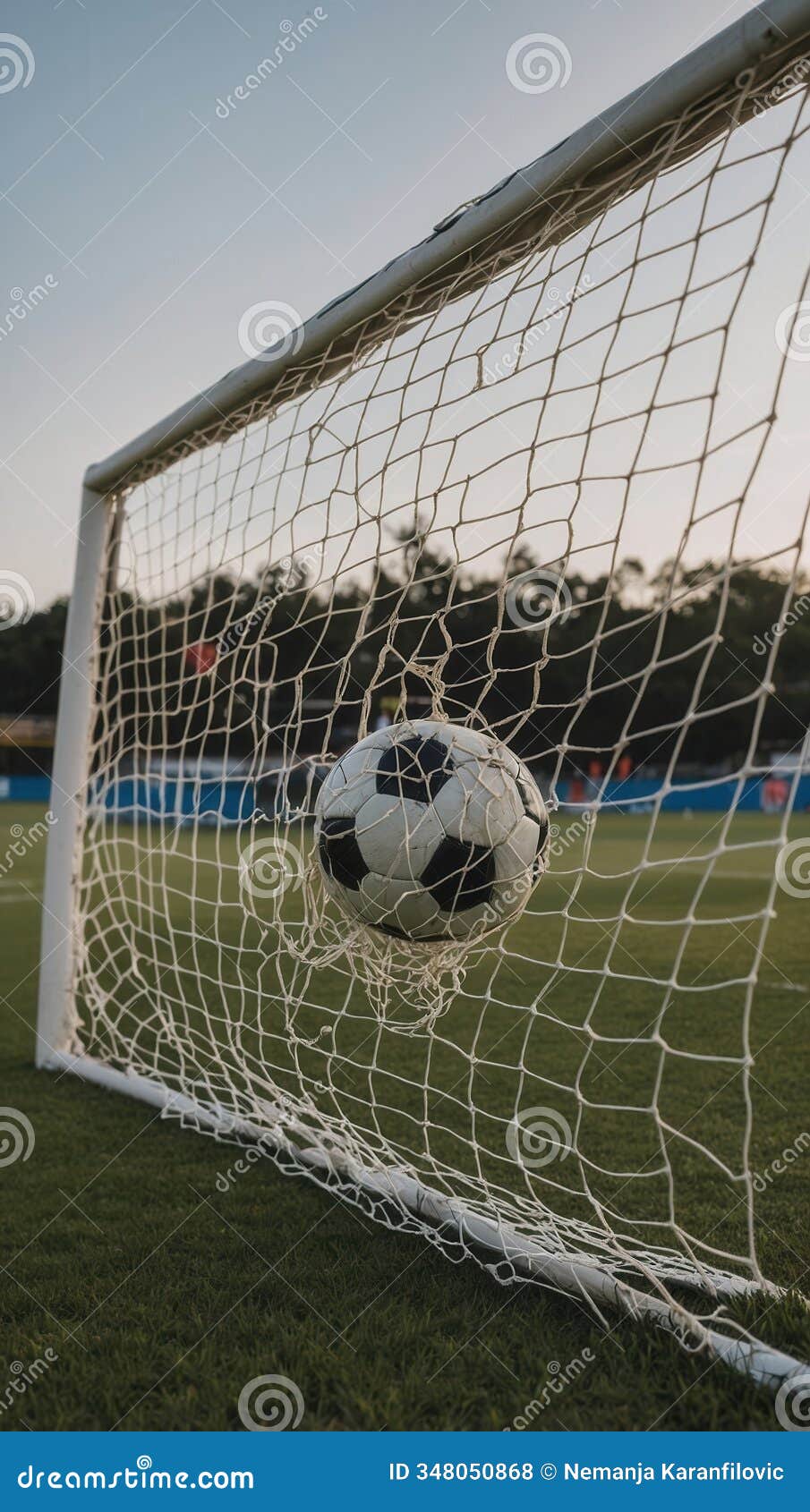 Soccer Ball in Top Right Corner of Goal Net on Artificial Turf Stock ...