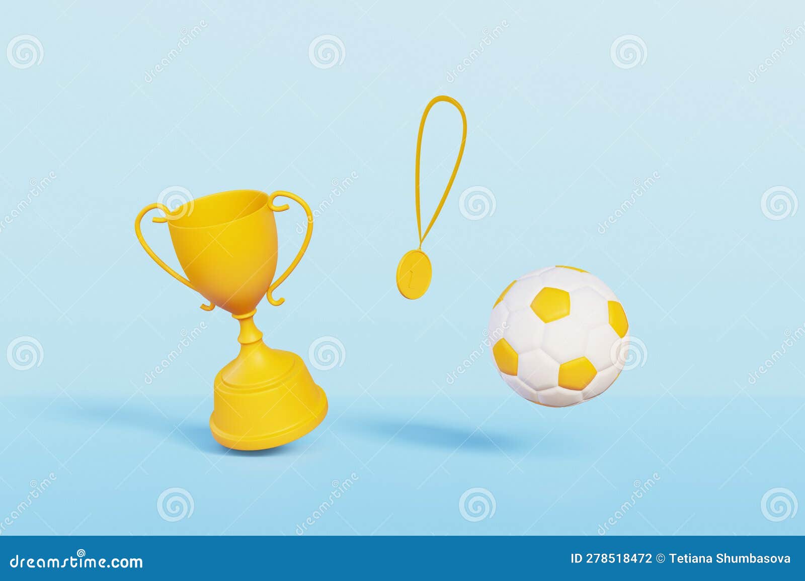 Soccer Ball, Winner Cup and Medal Flying on Blue Background.3d Render ...