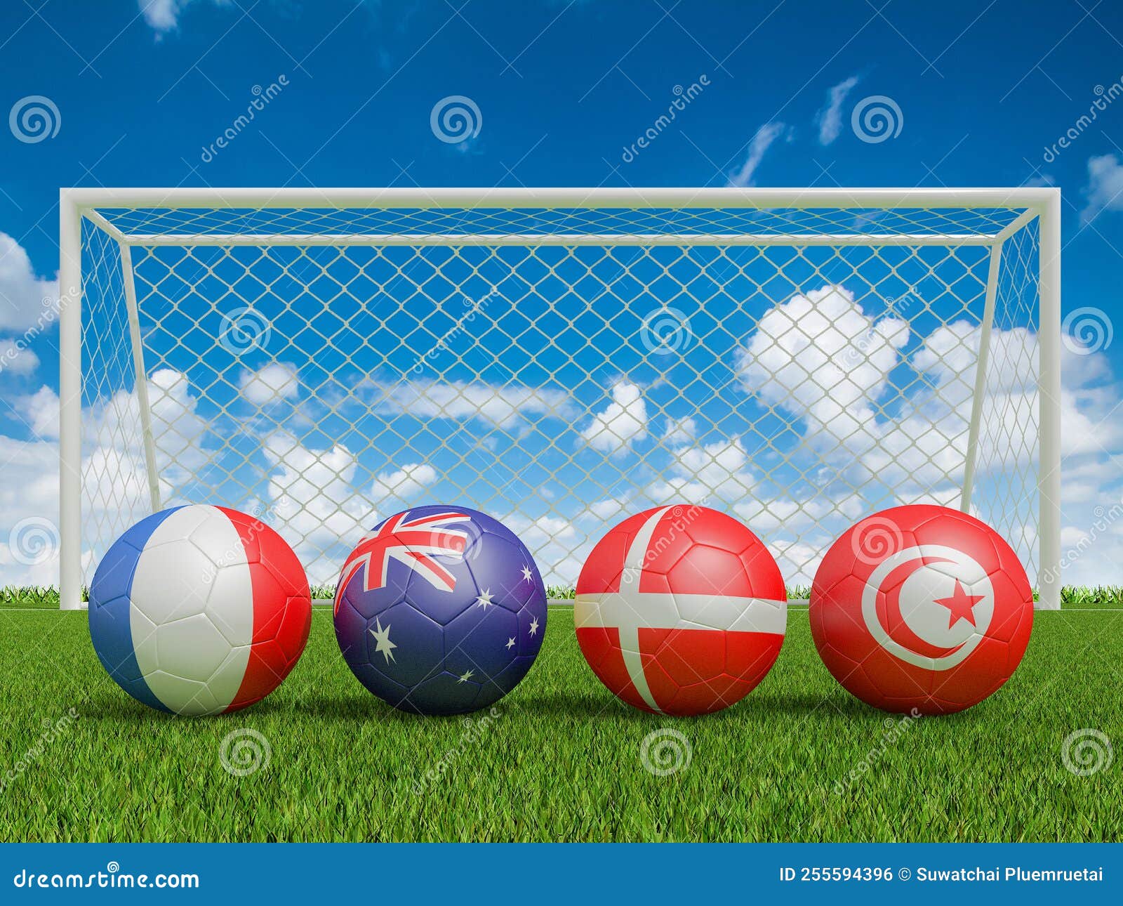 Soccer Balls in Flags Colors on Soccer Field . Group D Stock ...