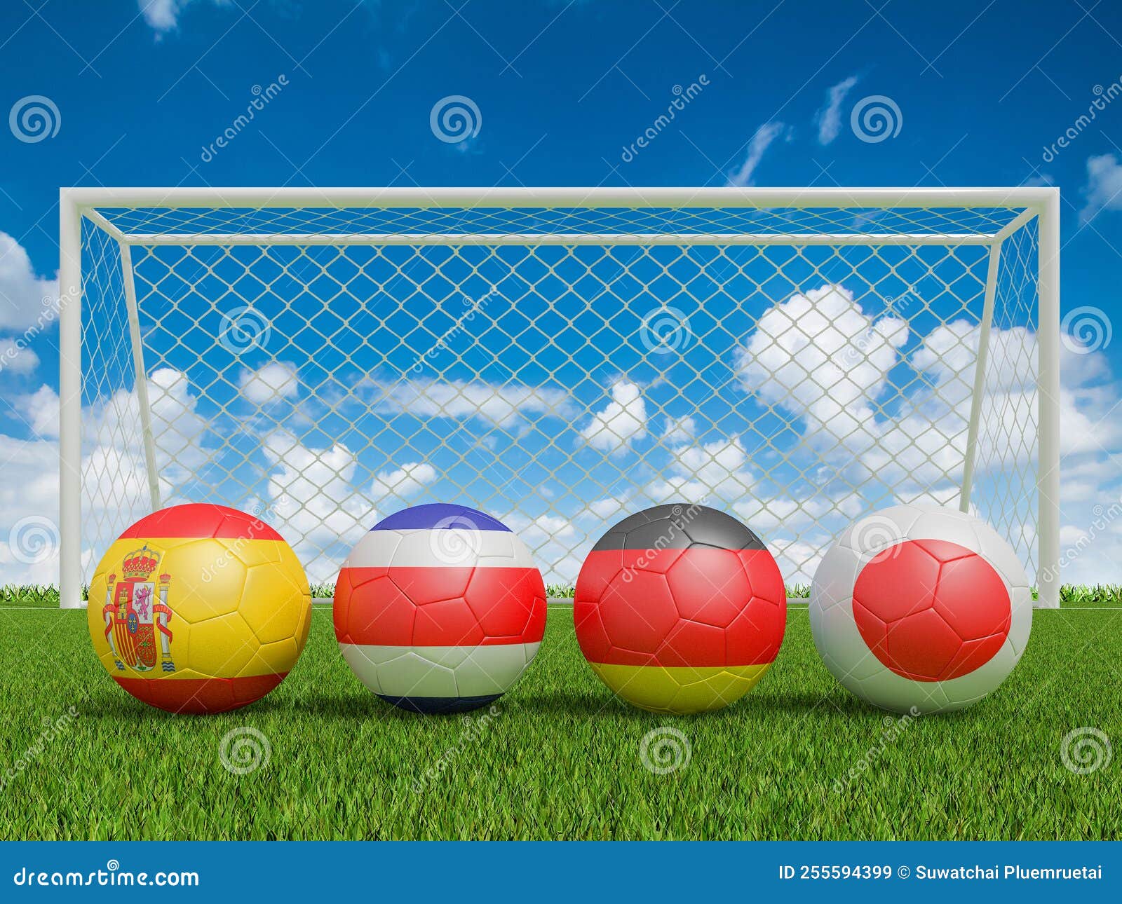 Soccer Balls in Flags Colors on Soccer Field . Group E Stock ...