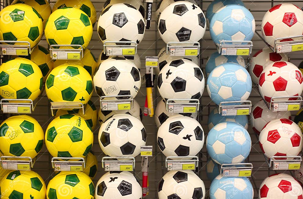 Soccer balls in store editorial photo. Image of shape - 21830211