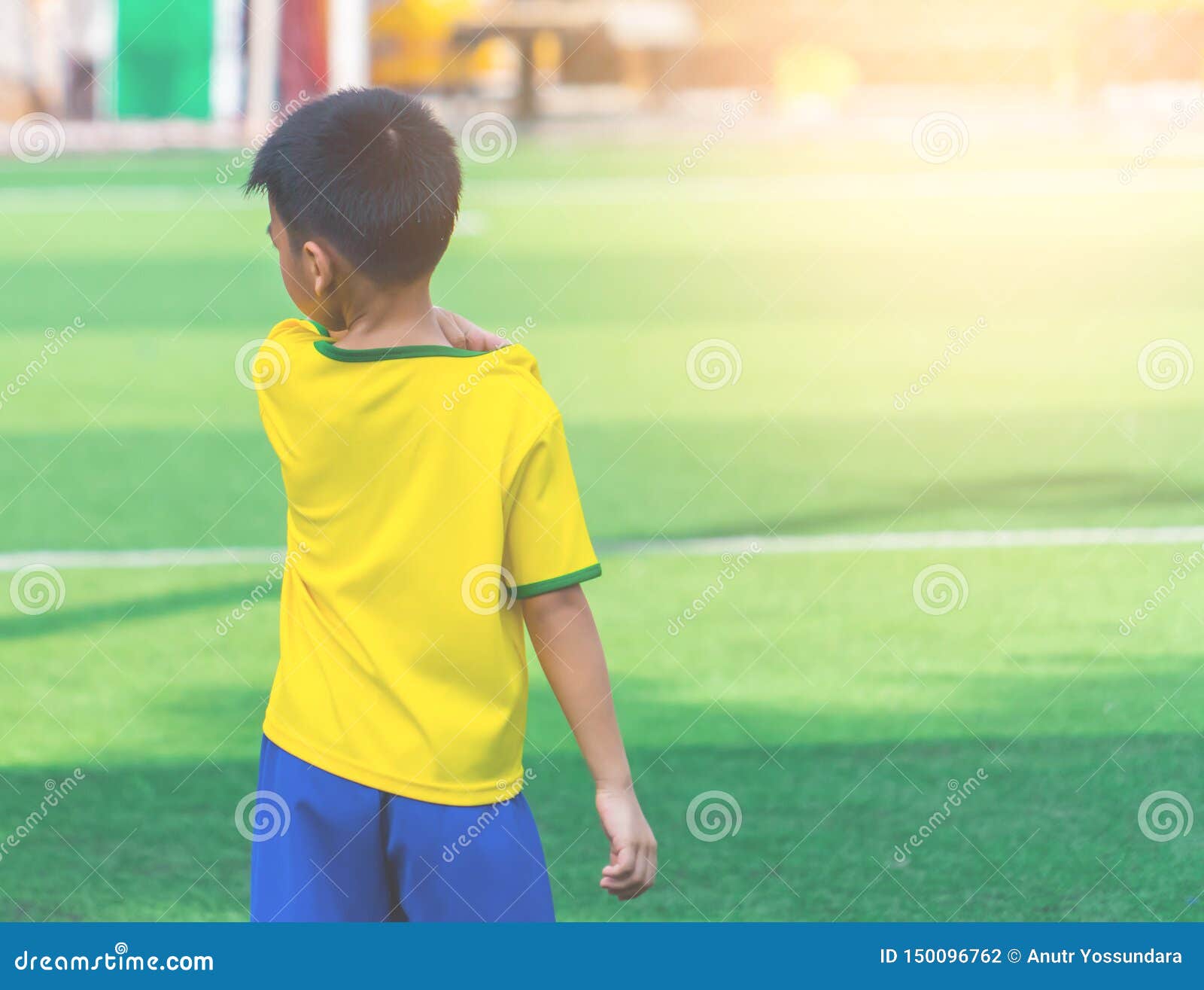 Soccer Boy Standing Alone on Training Ground Stock Photo - Image of ...