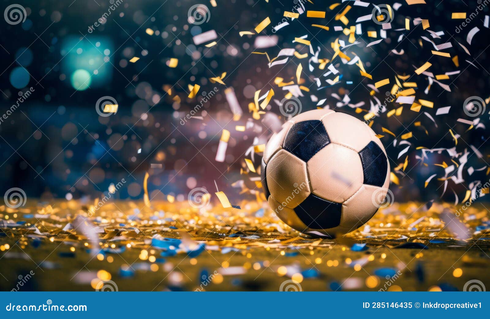 A Soccer Football with Falling Confetti. Winning Celebration Stock ...