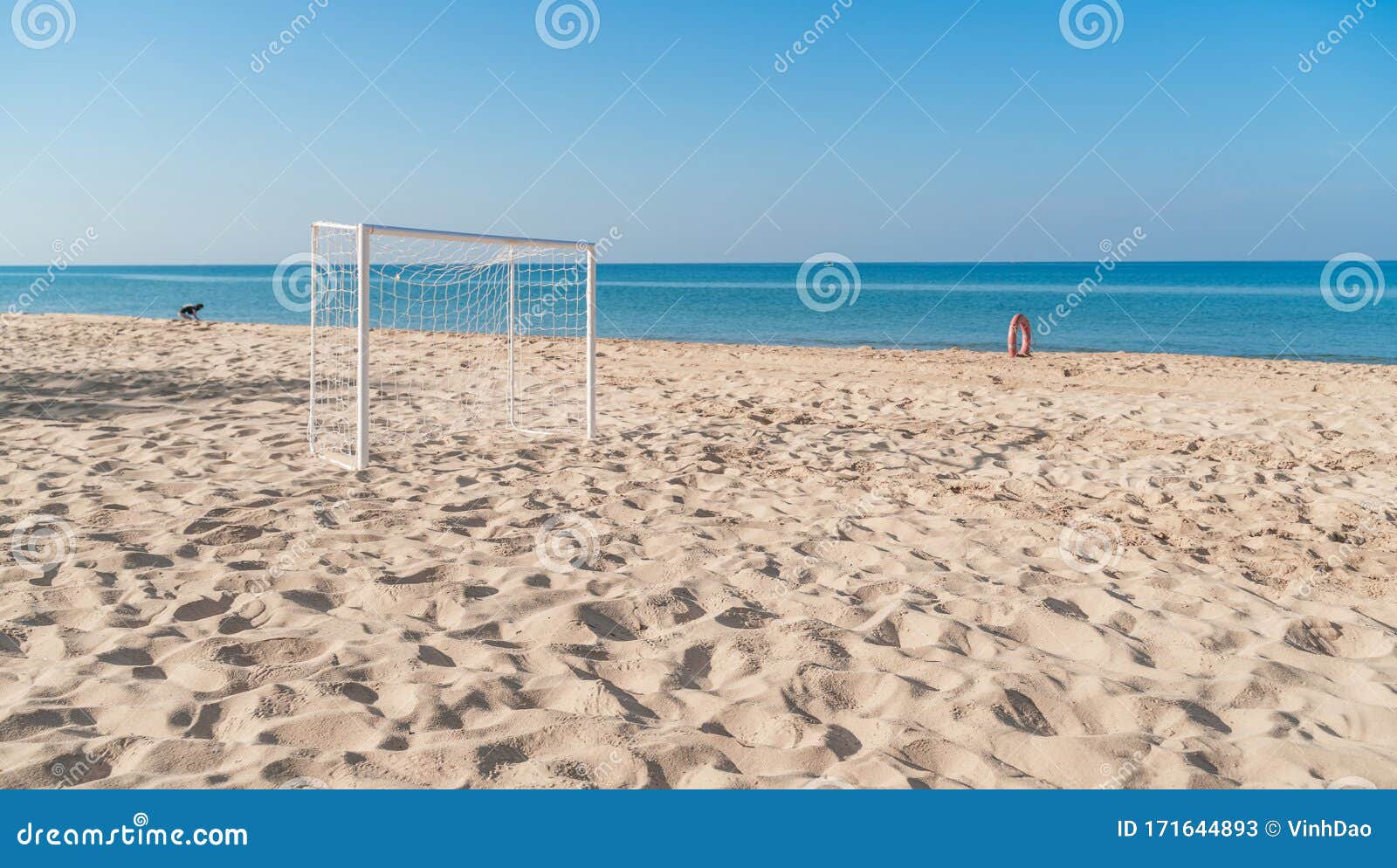 Soccer Goal Post on the Beach with Sand and Blue Sky Stock Image ...