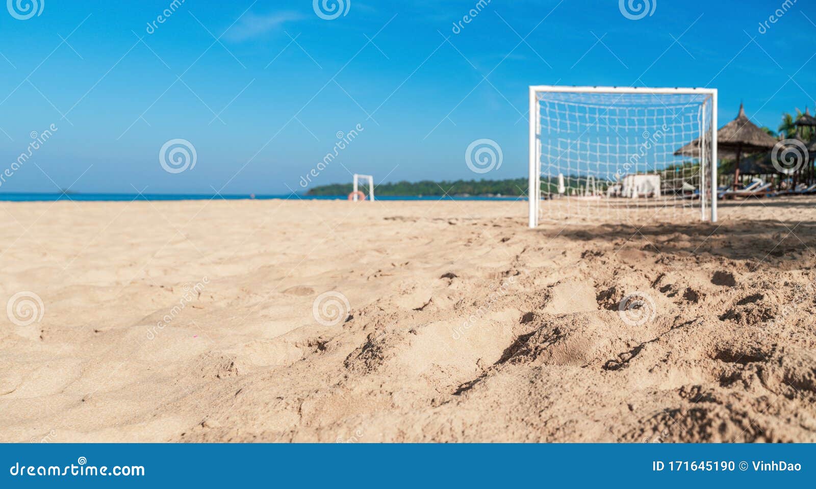 Soccer Goal Post on the Beach with Sand and Blue Sky Stock Photo ...
