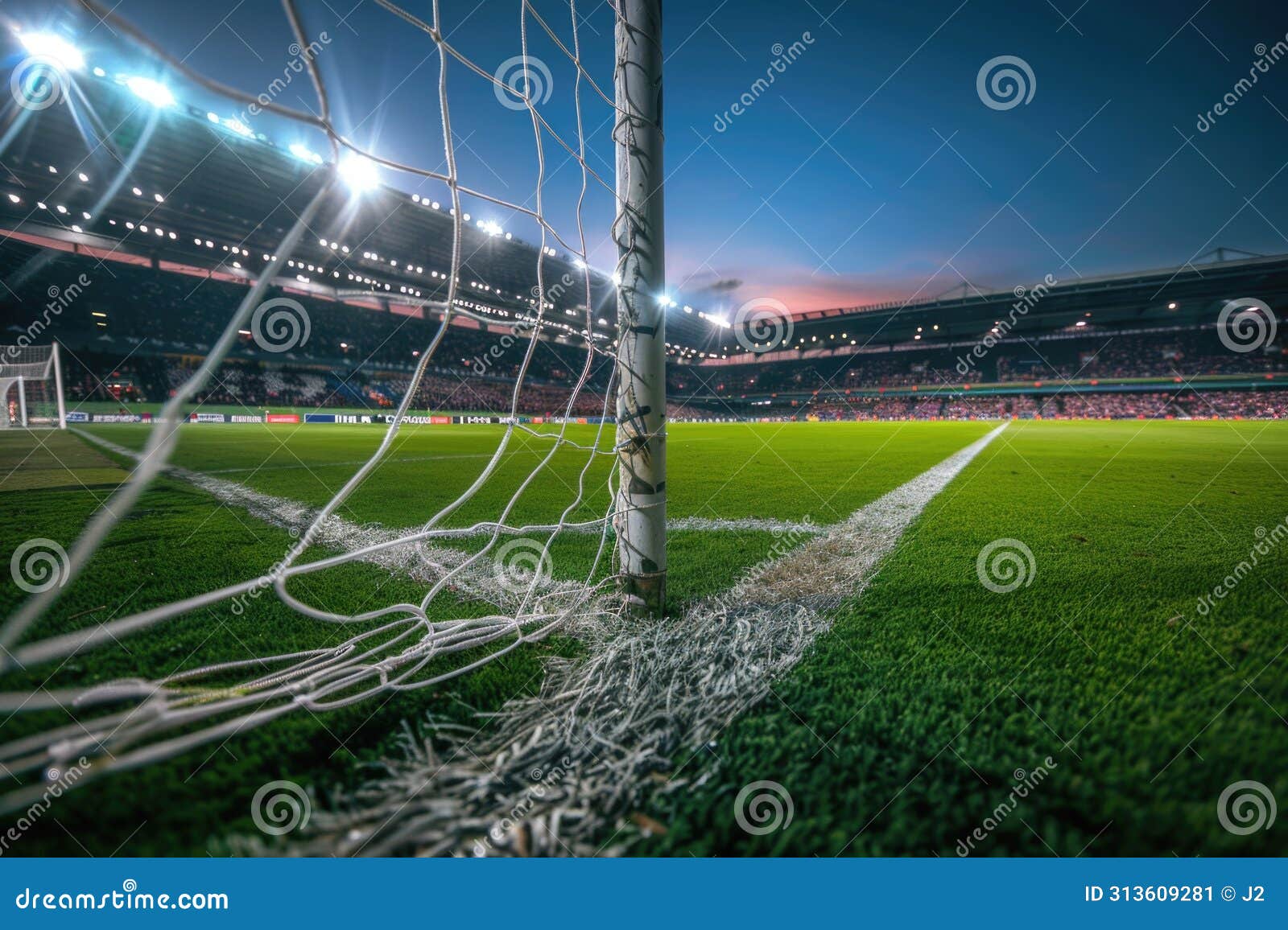Soccer Goal Post Perspective on Lush Field at Stadium, Sunset Lighting ...