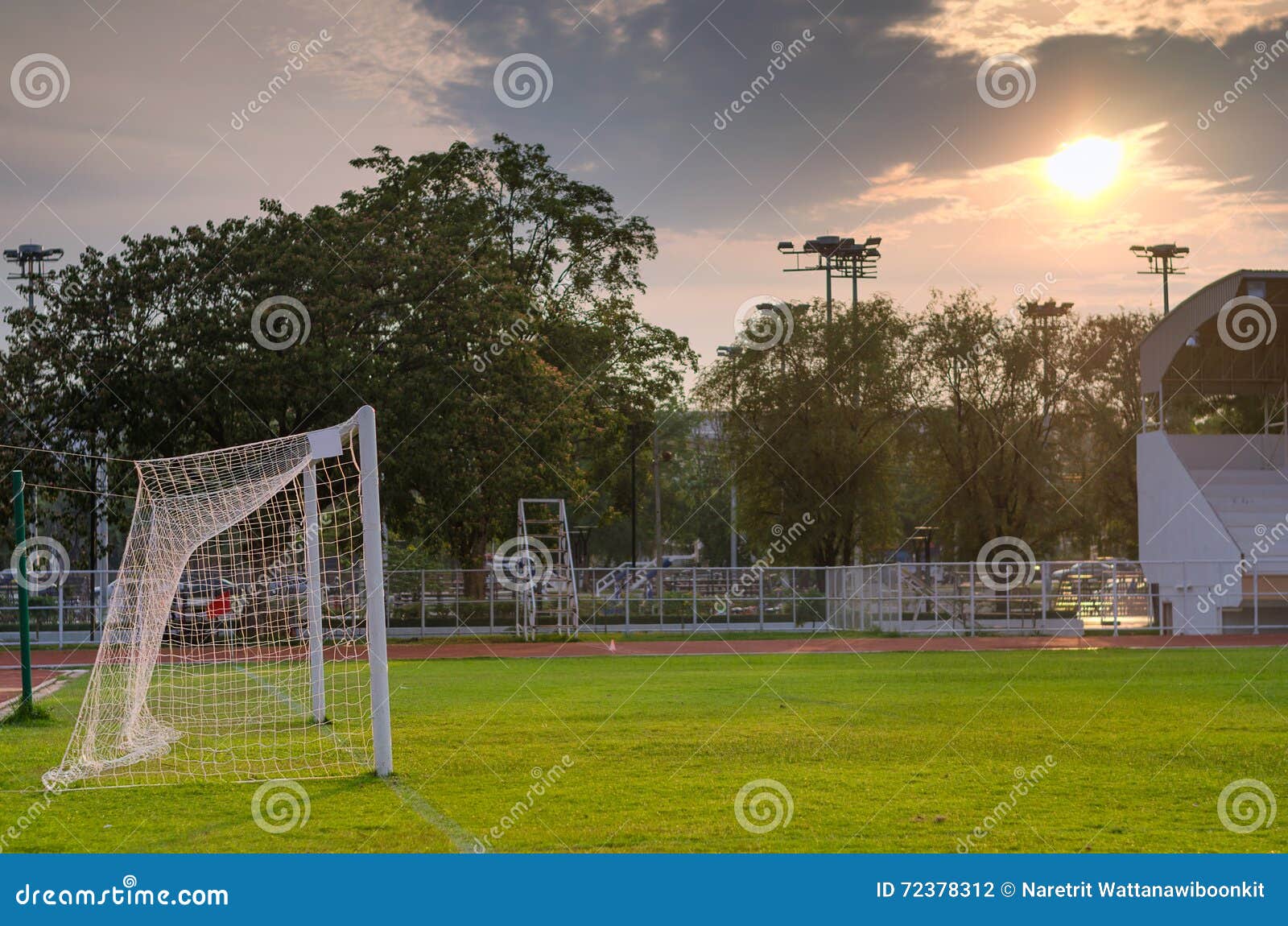Soccer goal in sun rays stock photo. Image of competition - 72378312