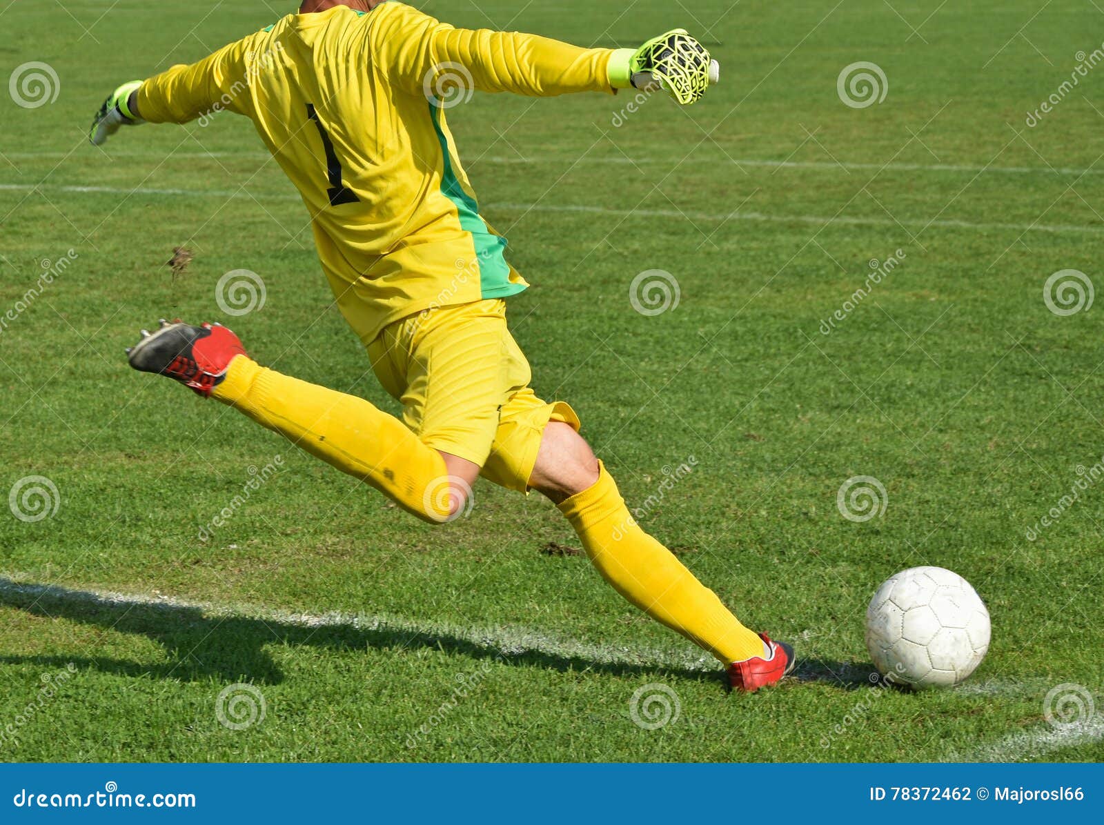 Soccer Goalkeeper Kicks the Ball Stock Photo - Image of green, uniform ...