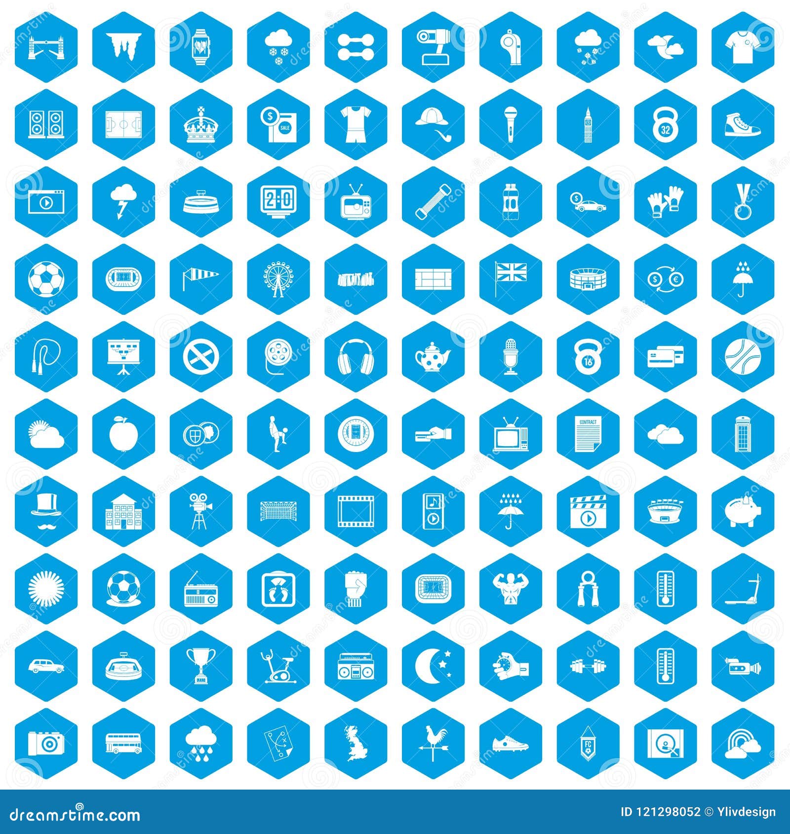 100 soccer icons set blue stock vector. Illustration of microphone ...