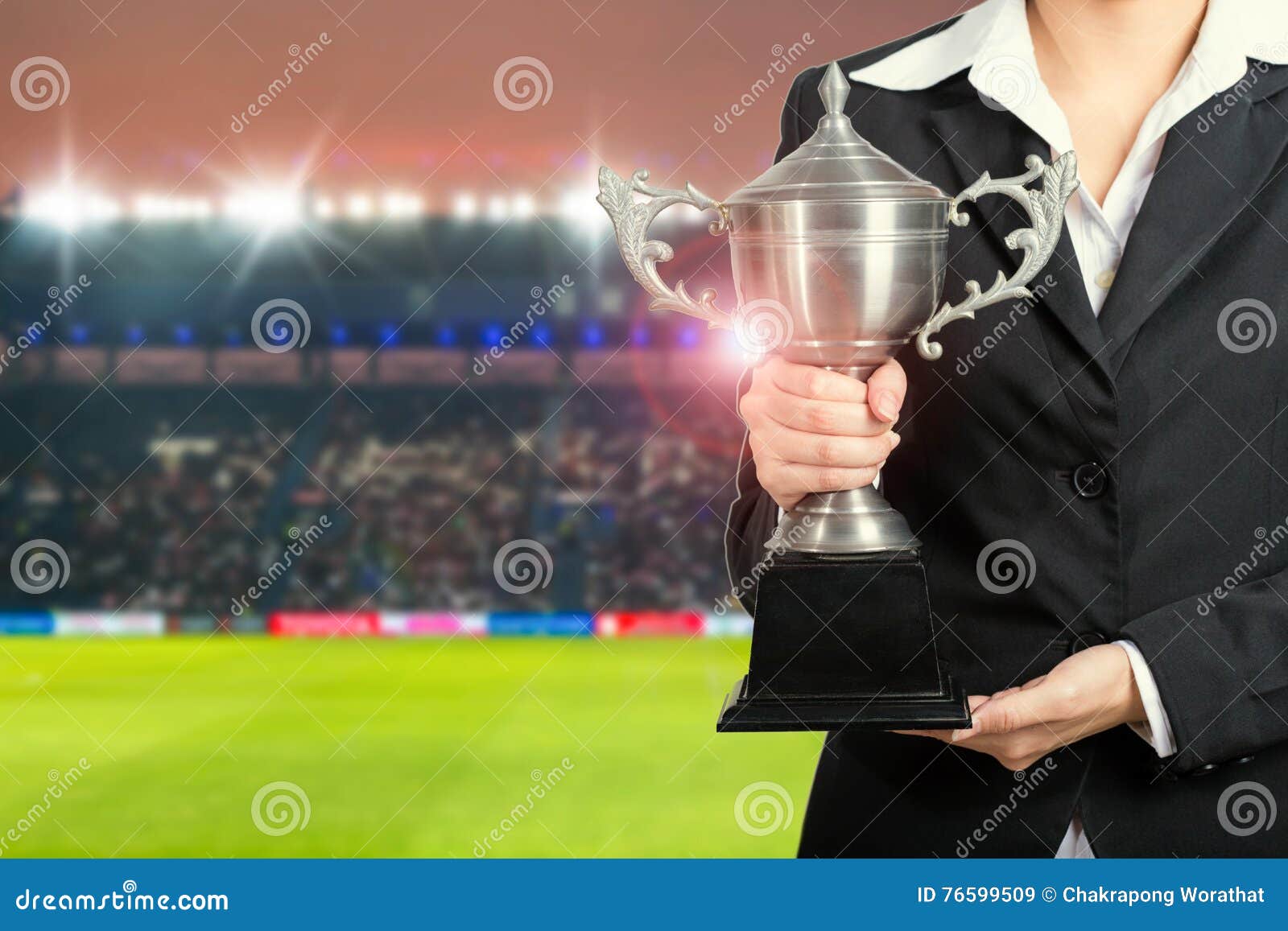 Soccer Manager Team Holding Trophy Champions in the Stadium. Stock ...