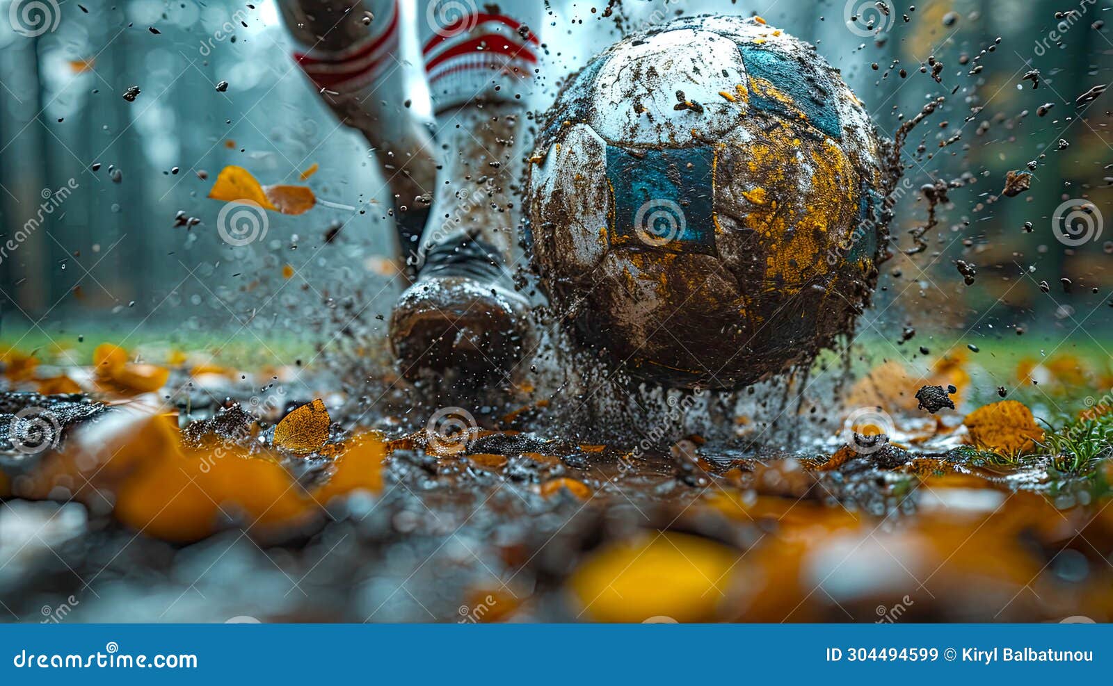 Soccer Player in Action Kicking the Ball with Splashes of Water Stock ...