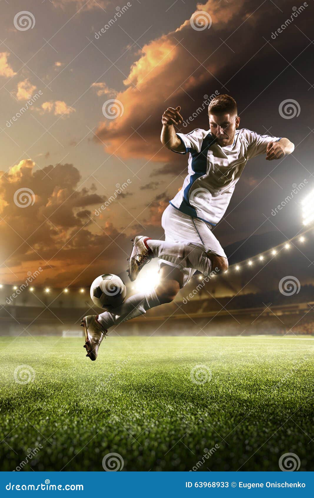 Soccer Player in Action on Sunset Stadium Background Stock Image ...