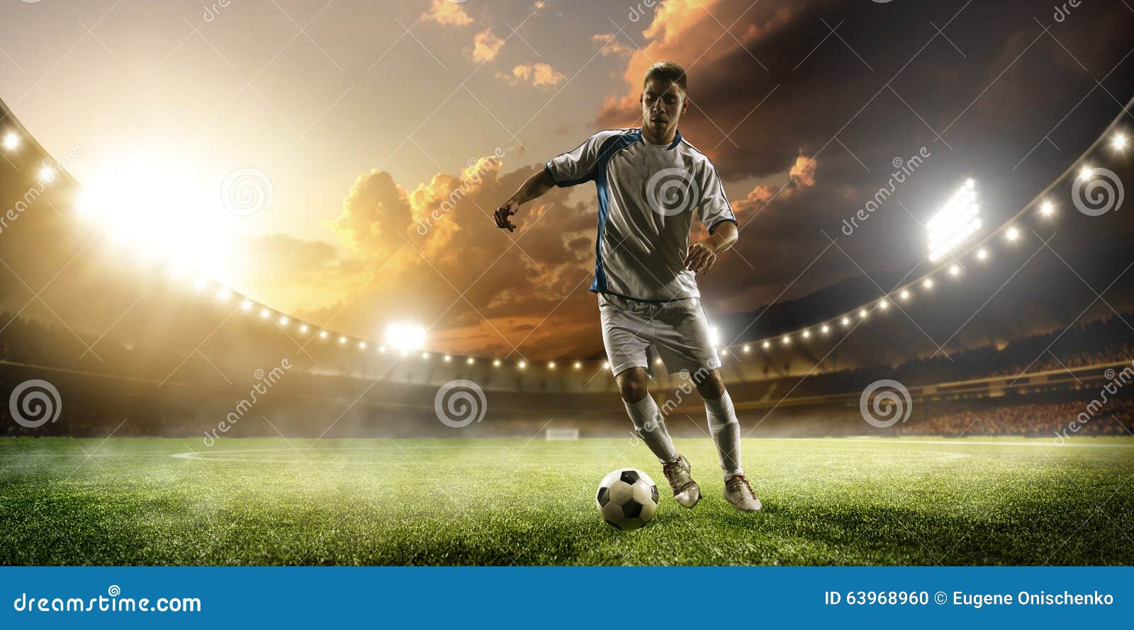 Soccer Player In Action On Sunset Stadium Panorama Background Stock ...