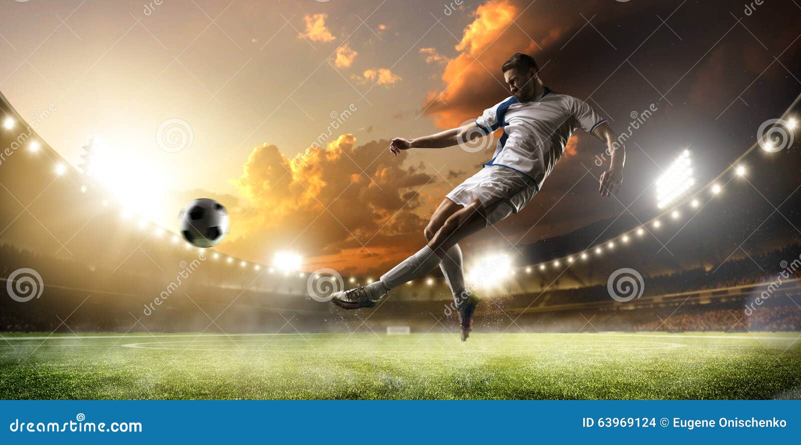 Soccer Player In Action On Sunset Stadium Panorama Background Royalty ...