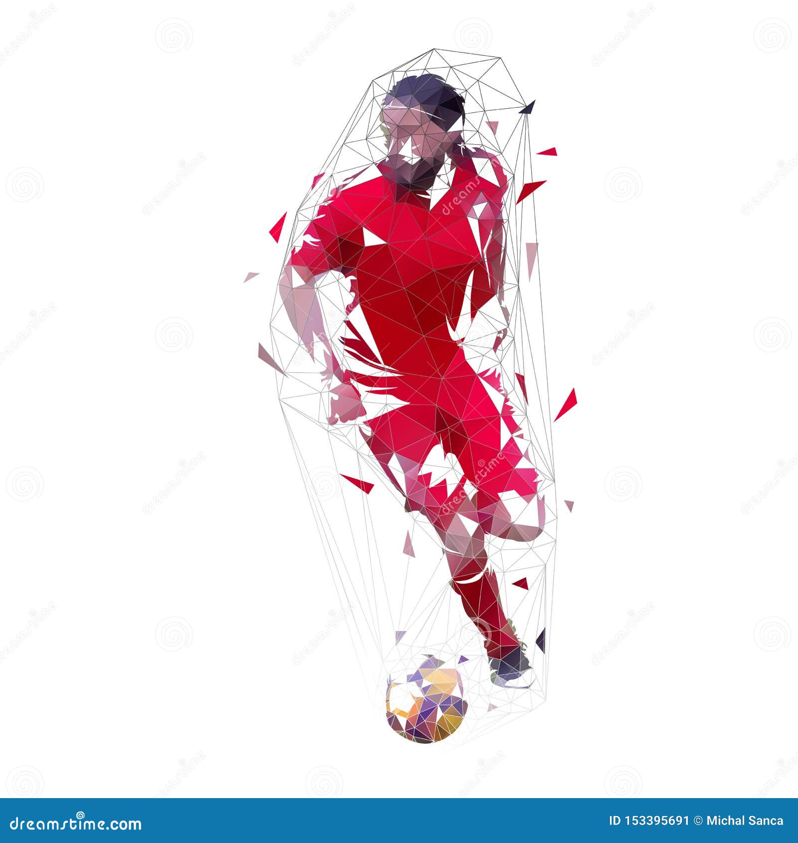Soccer Player in Red Jersey Running with Ball, Front View. Geometric ...