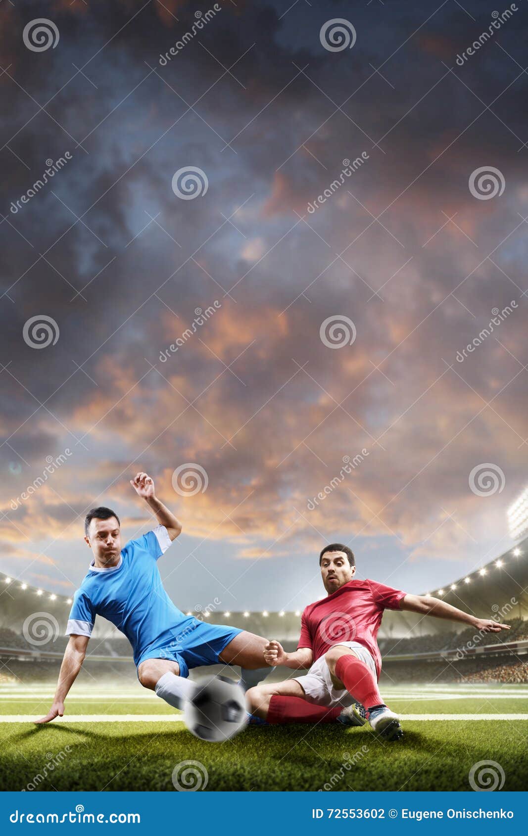 Soccer Players in Action on Sunset Stadium Background Stock Photo ...
