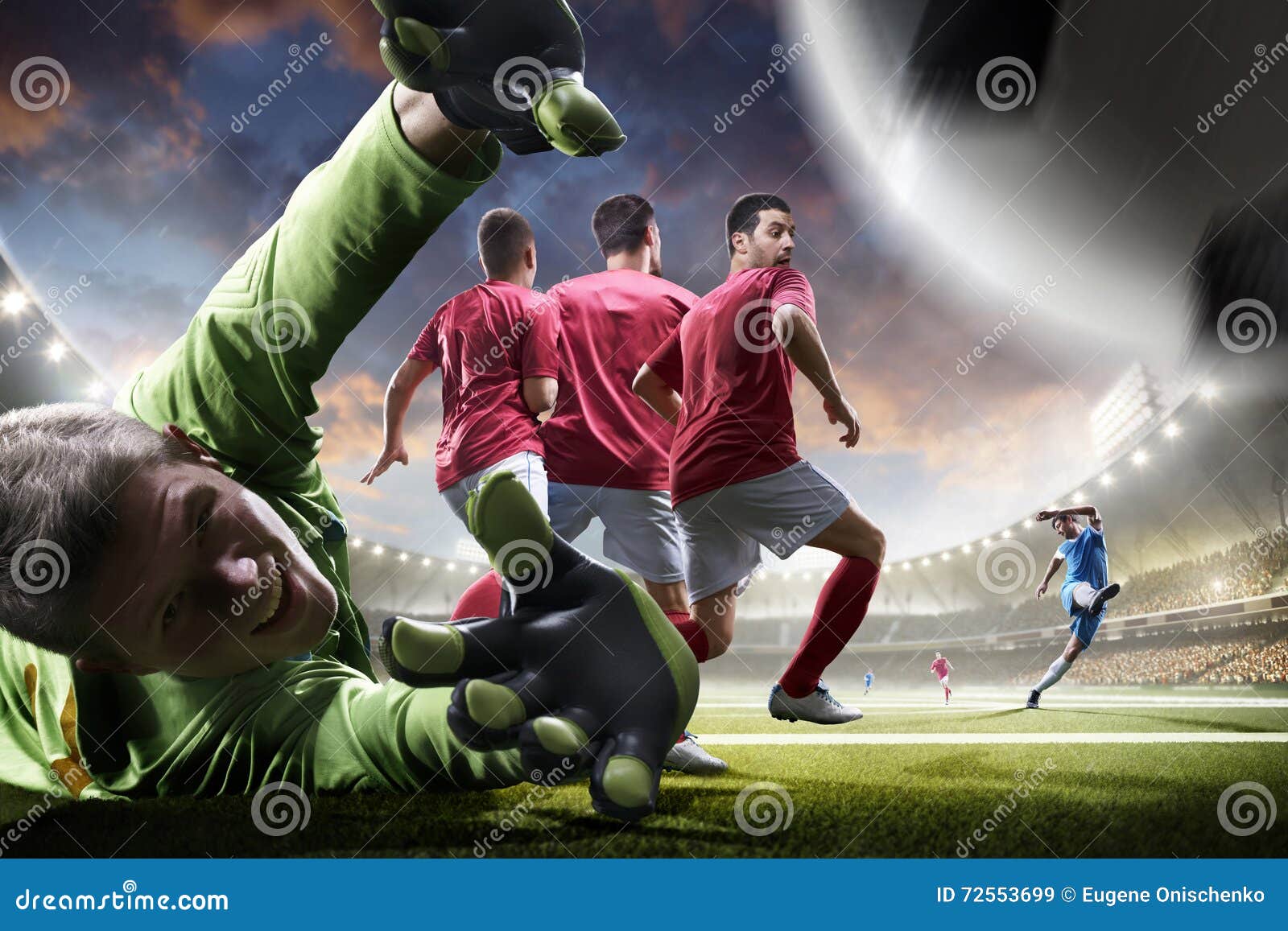 Soccer Players in Action on Sunset Stadium Background Panorama Stock ...