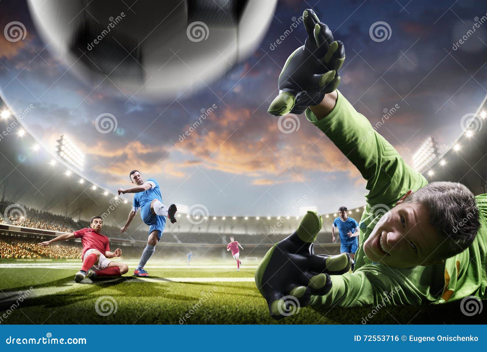 Soccer Players in Action on Sunset Stadium Background Panorama Stock ...