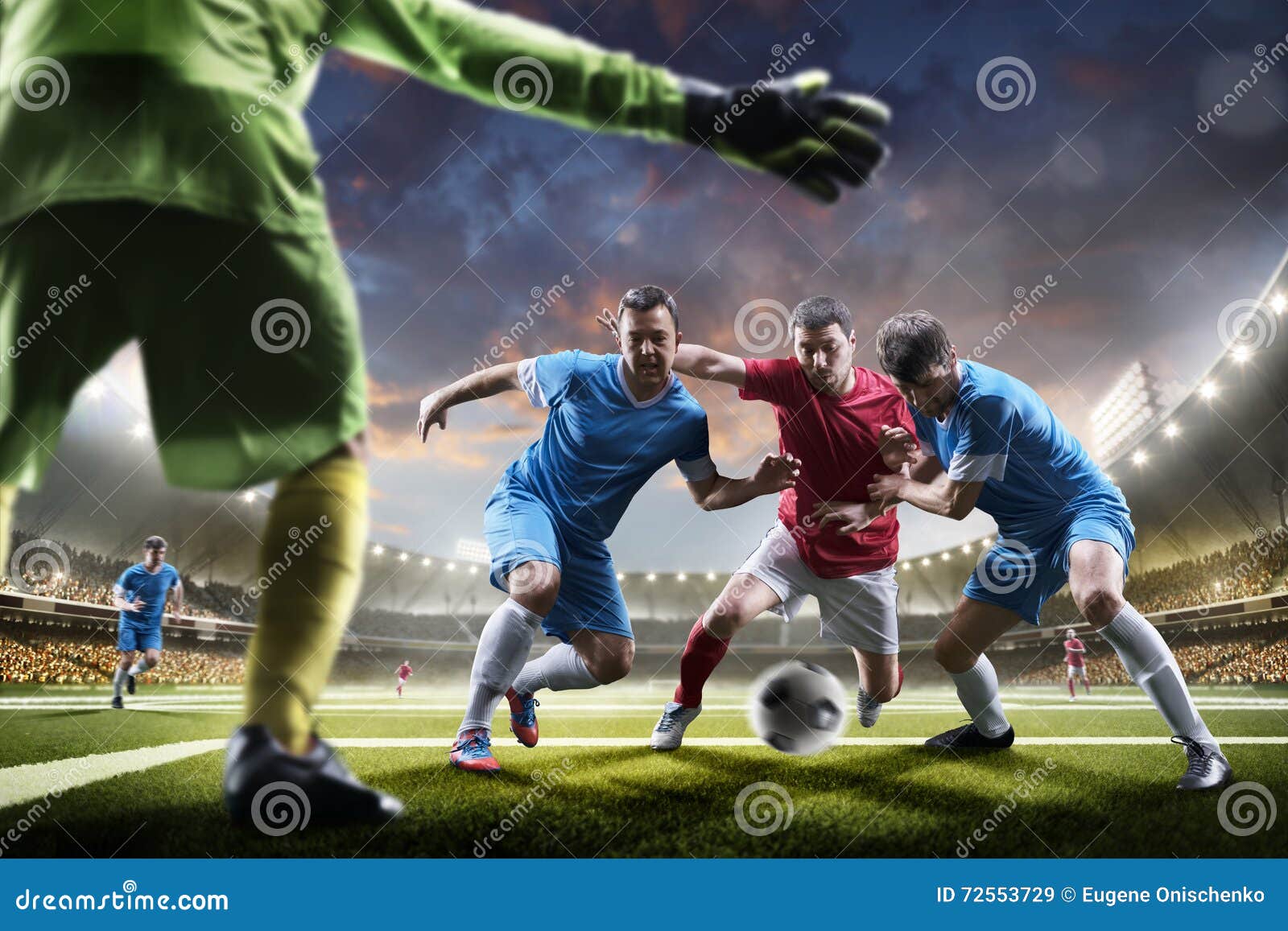 Soccer Players in Action on Sunset Stadium Background Panorama Stock ...