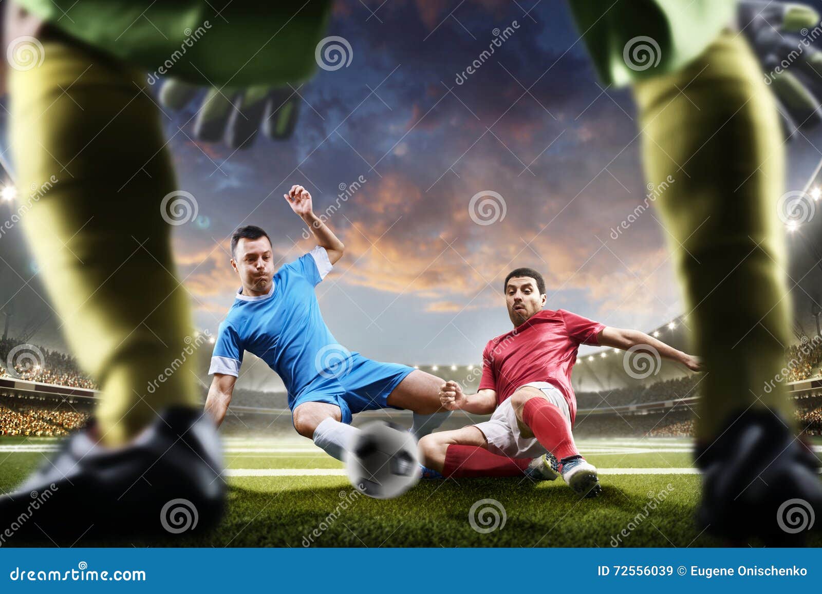 Soccer Players in Action on Sunset Stadium Background Panorama Stock ...