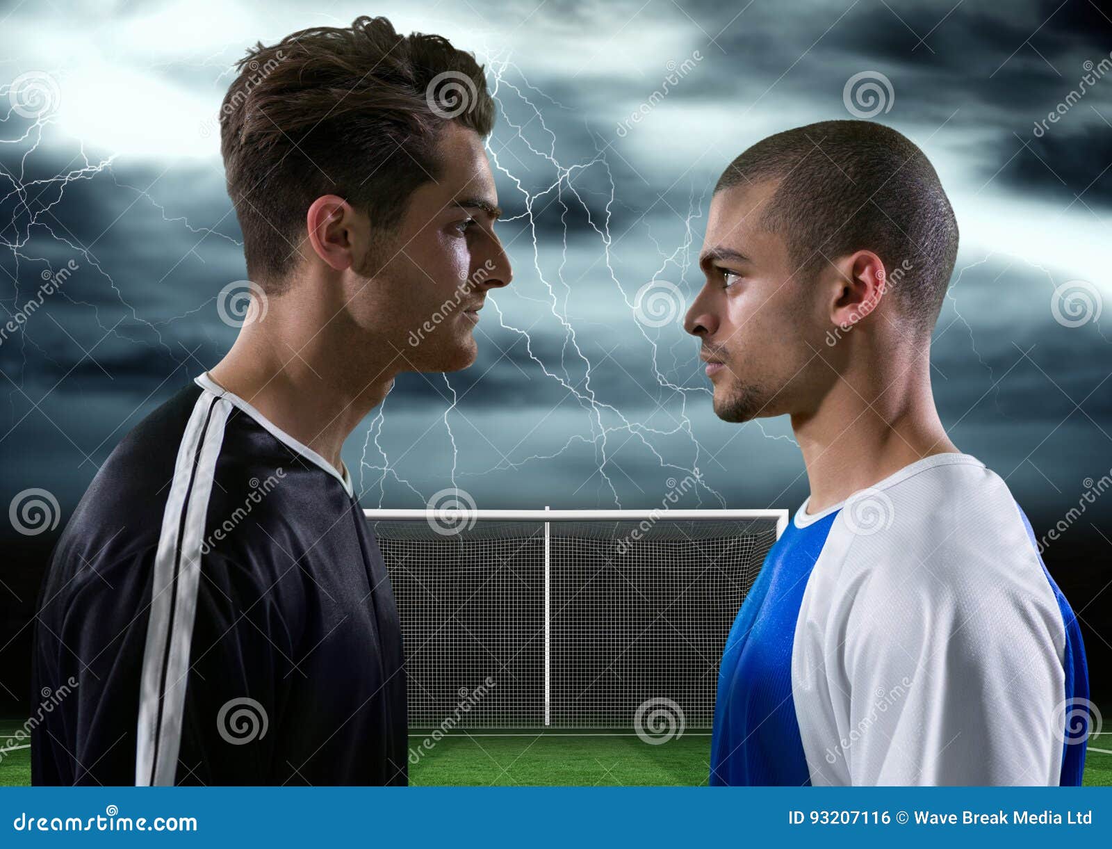 Soccer Players with Storm Behind Them, Looking Each Other Stock Photo ...