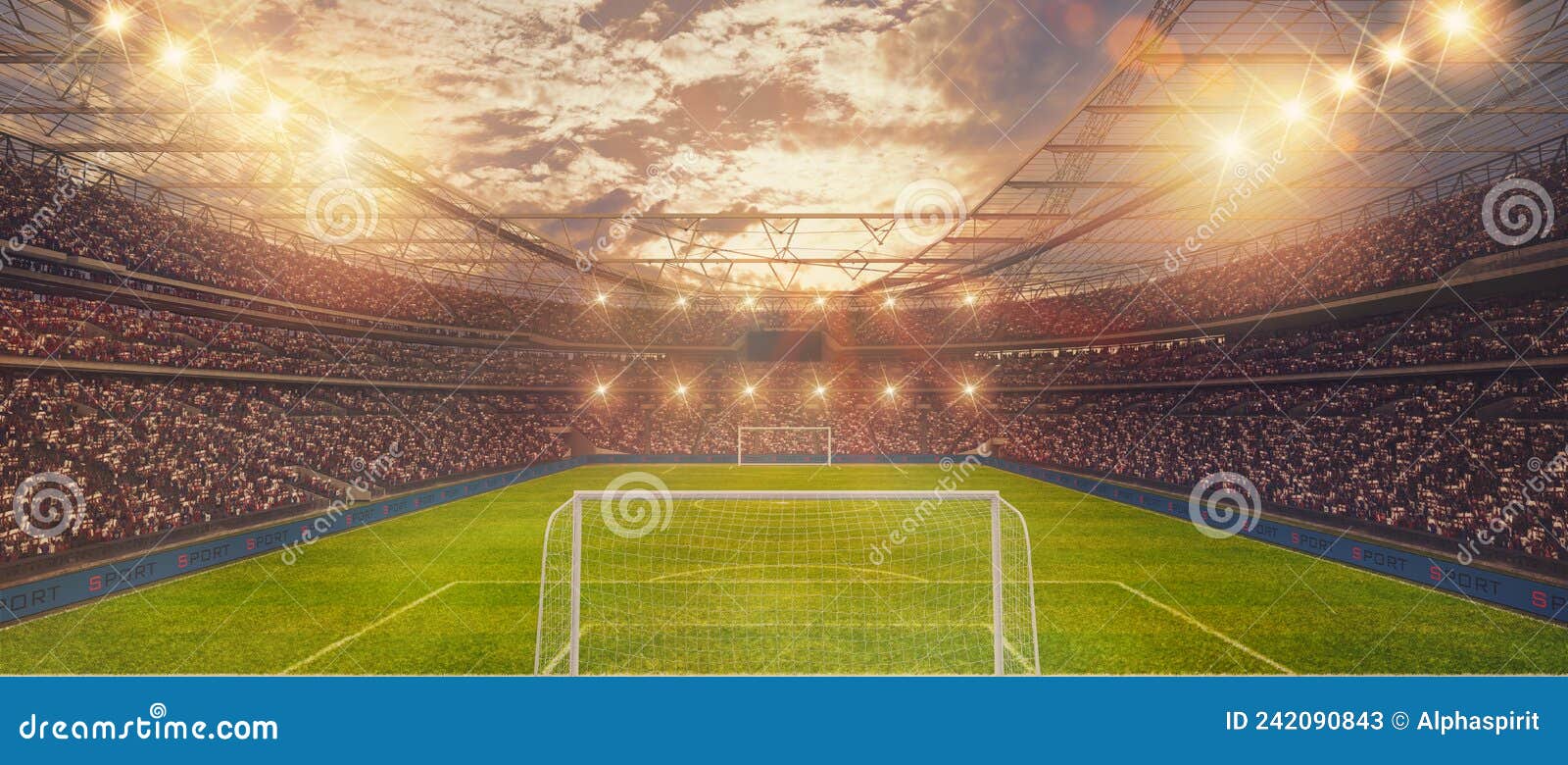 Soccer Stadium with Audience at Sundown Full for a Match. 3D Rendering ...