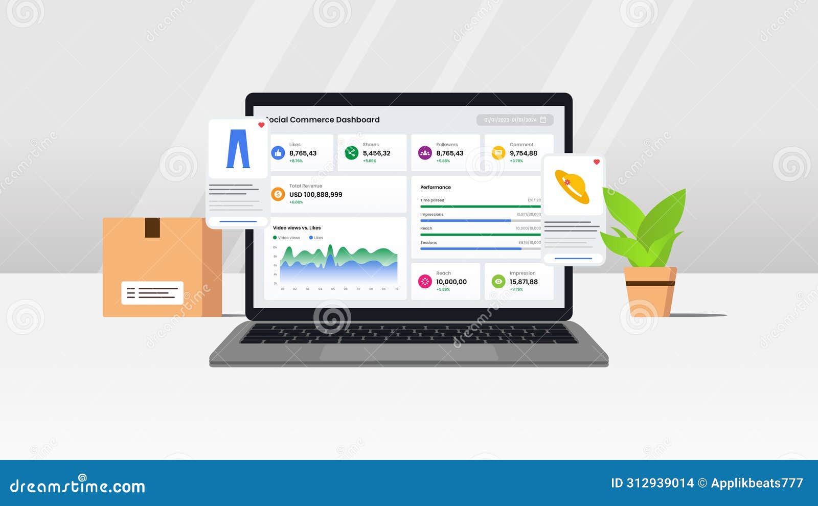 Social Commerce Dashboard Illustration Concept. E Commerce Data Visualization on Laptop Stock ...