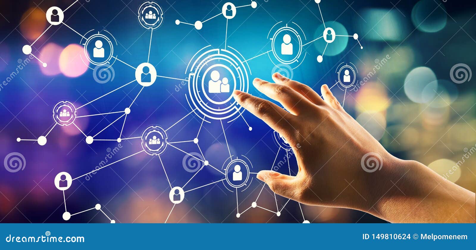 Social Connections Theme with Hand Pressing a Button Stock Photo ...