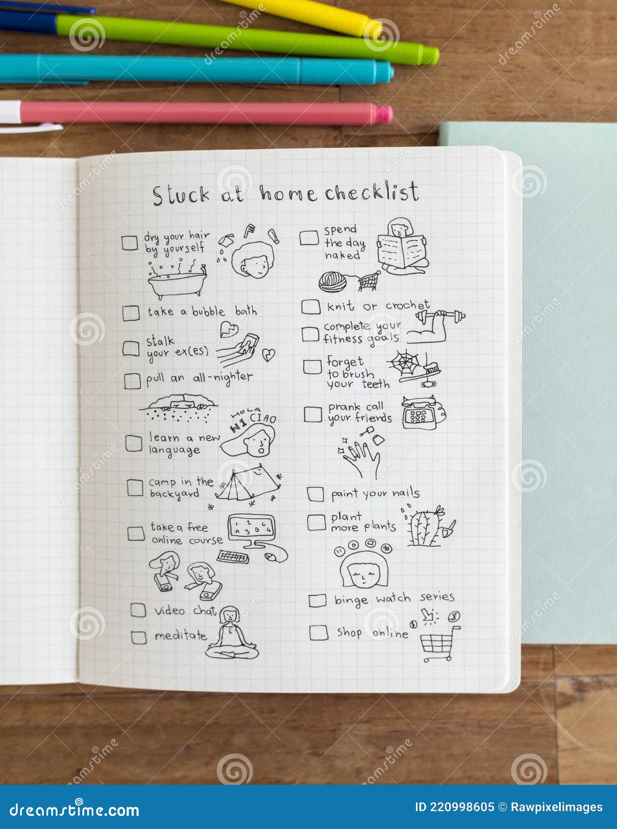 Social Isolation Doodle Style Checklist in a Notebook Stock Image ...