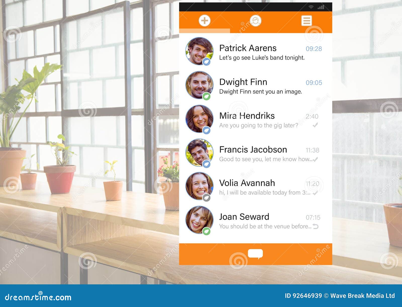 Social Media App Interface Against Windows Stock Image - Image of cafe ...