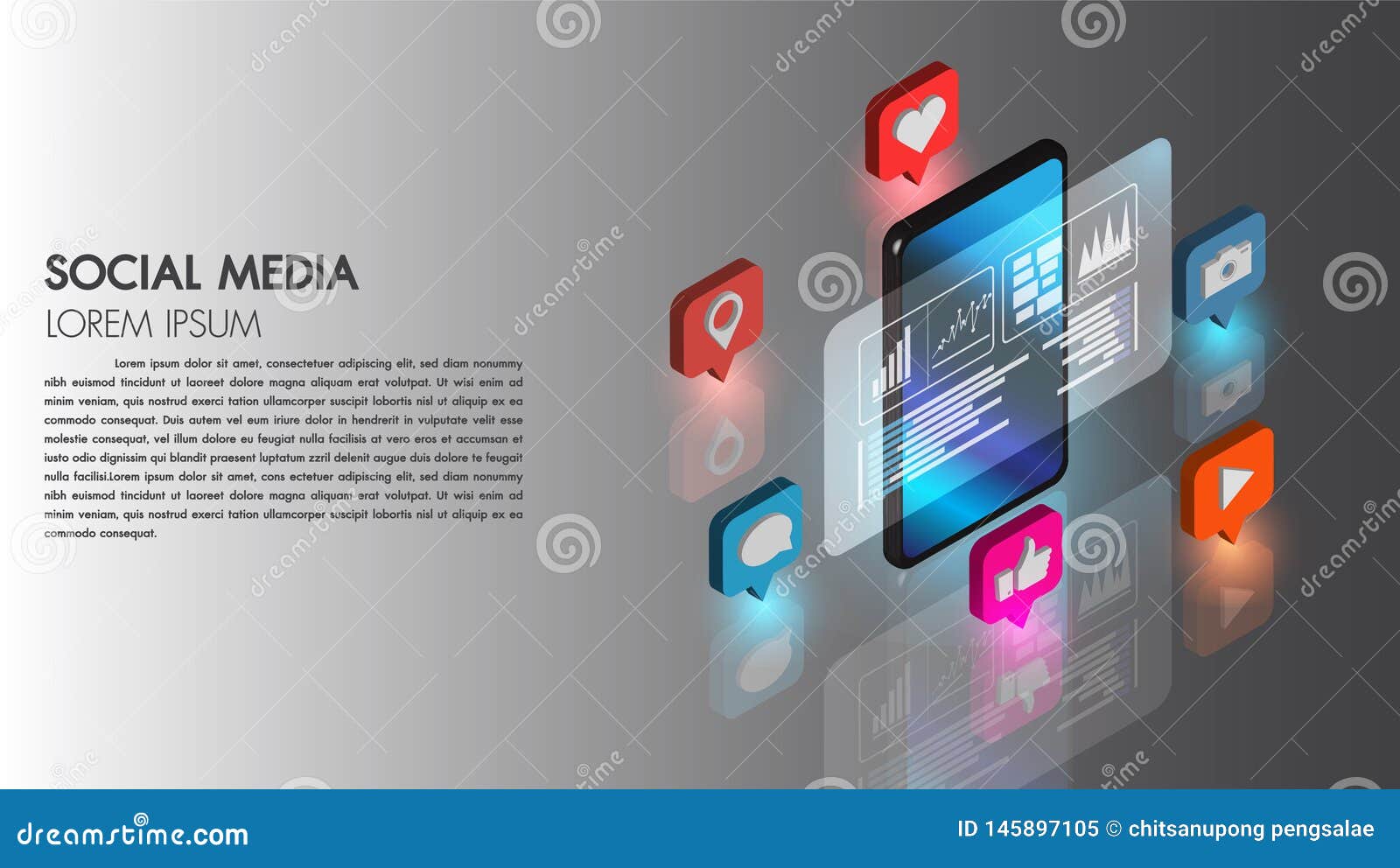 Social Media Flat 3d Isometric Concept Vector Icon with Mobile Phone ...