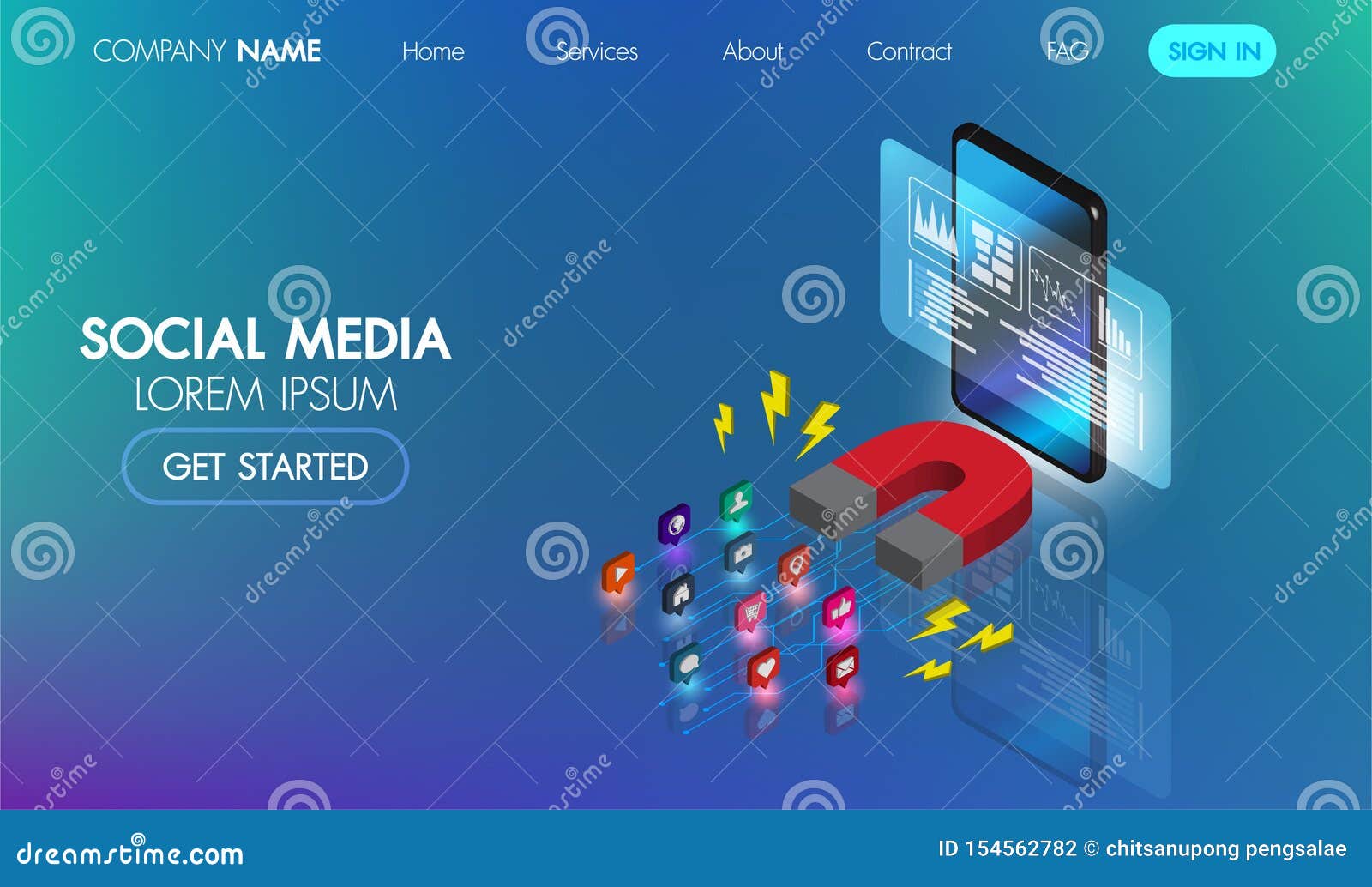 Social Media Marketing Isometric Web Banner.Magnet Marketing ...