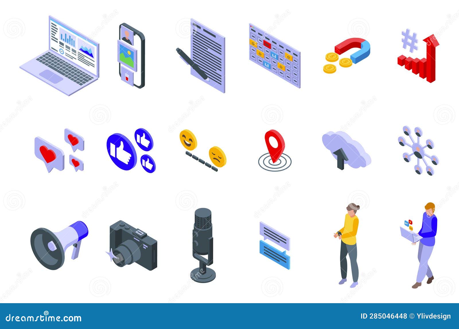 Social Media Manager Icons Set Isometric Vector. Digital Laptop Stock ...
