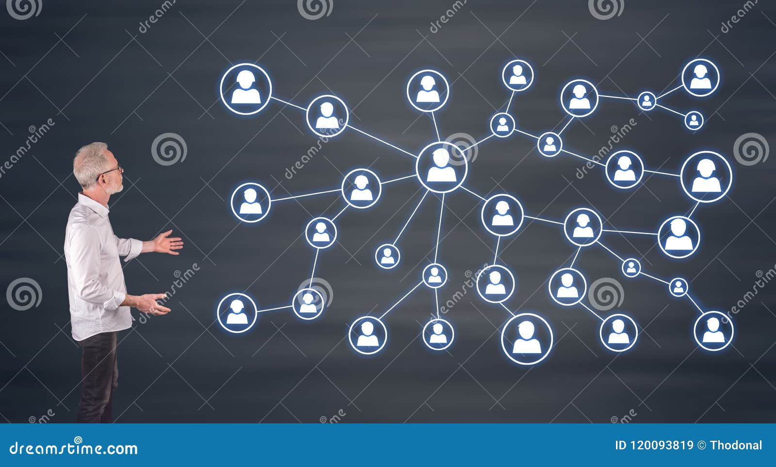 A Social Media Network Explained by a Businessman on a Wall Screen ...