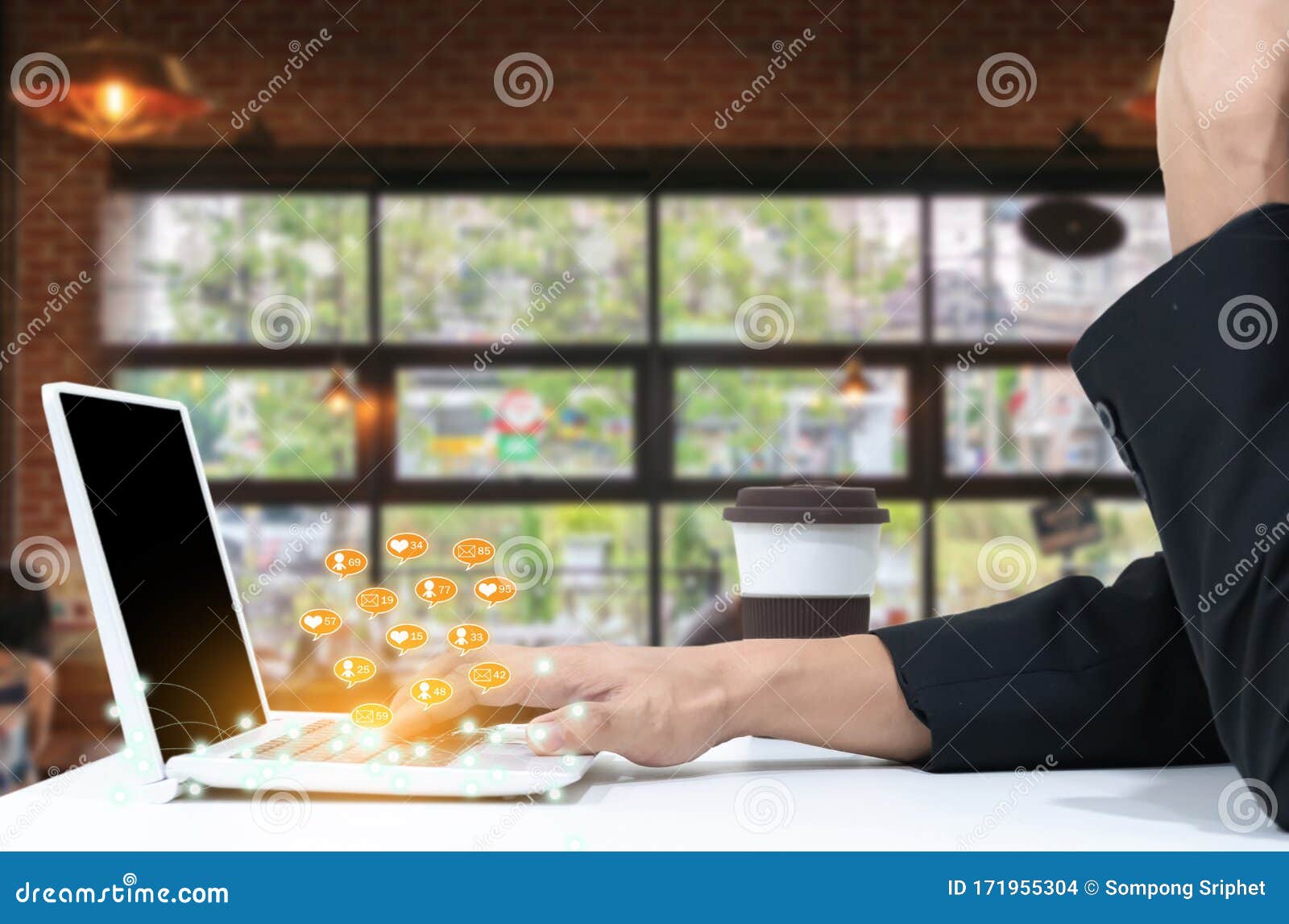 Social Media Person Chat Computer in Coffee Shop Stock Photo - Image of ...
