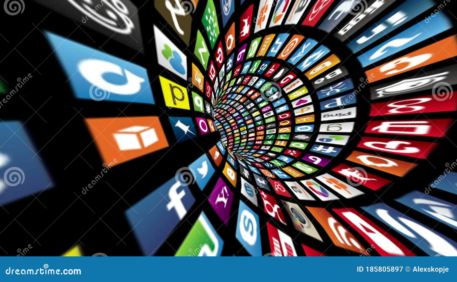 Social media tunnel stock video. Video of icons, data - 185805897