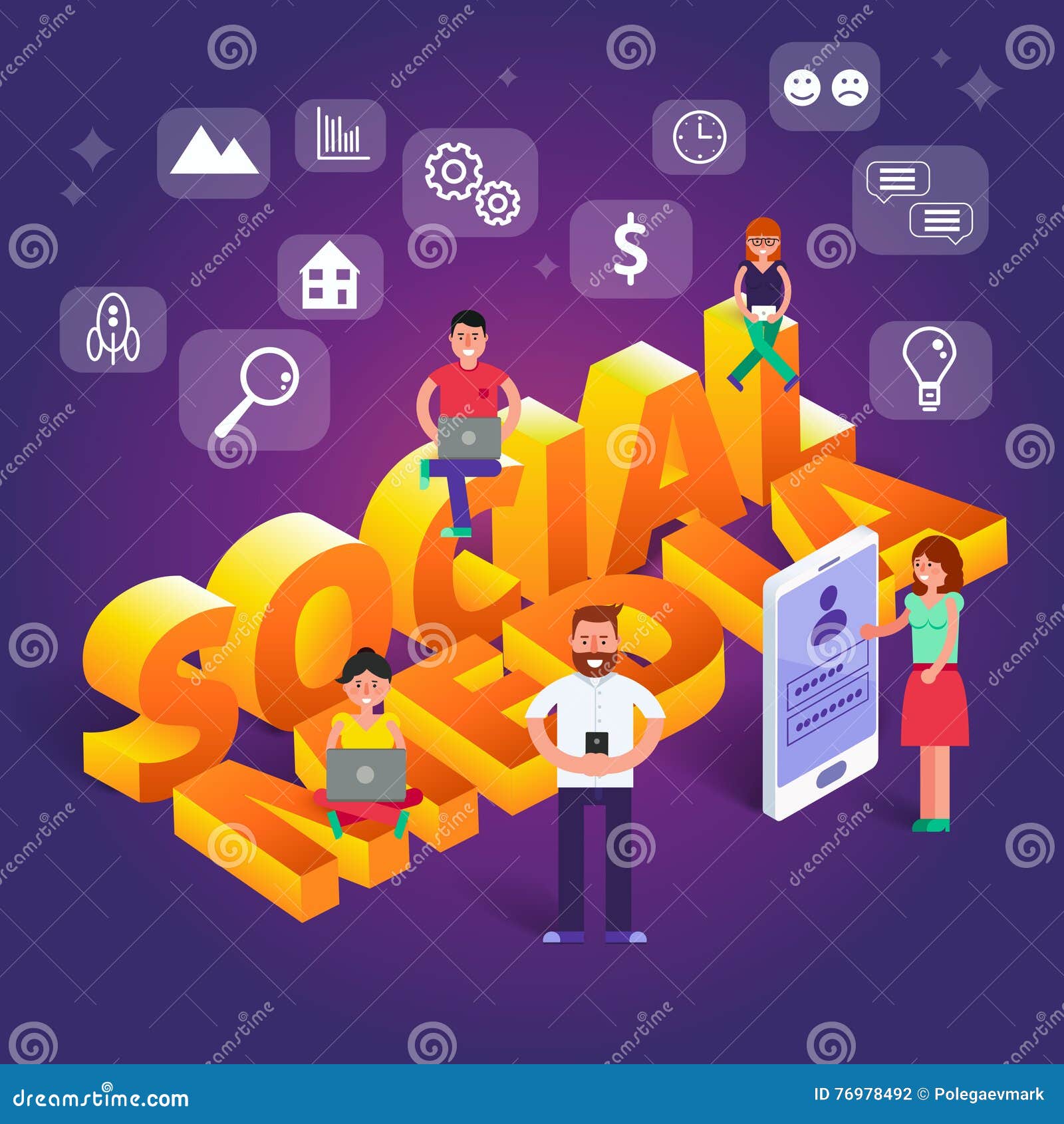 Social Media Vector Illustration. Group of People Browsing, Work Stock ...