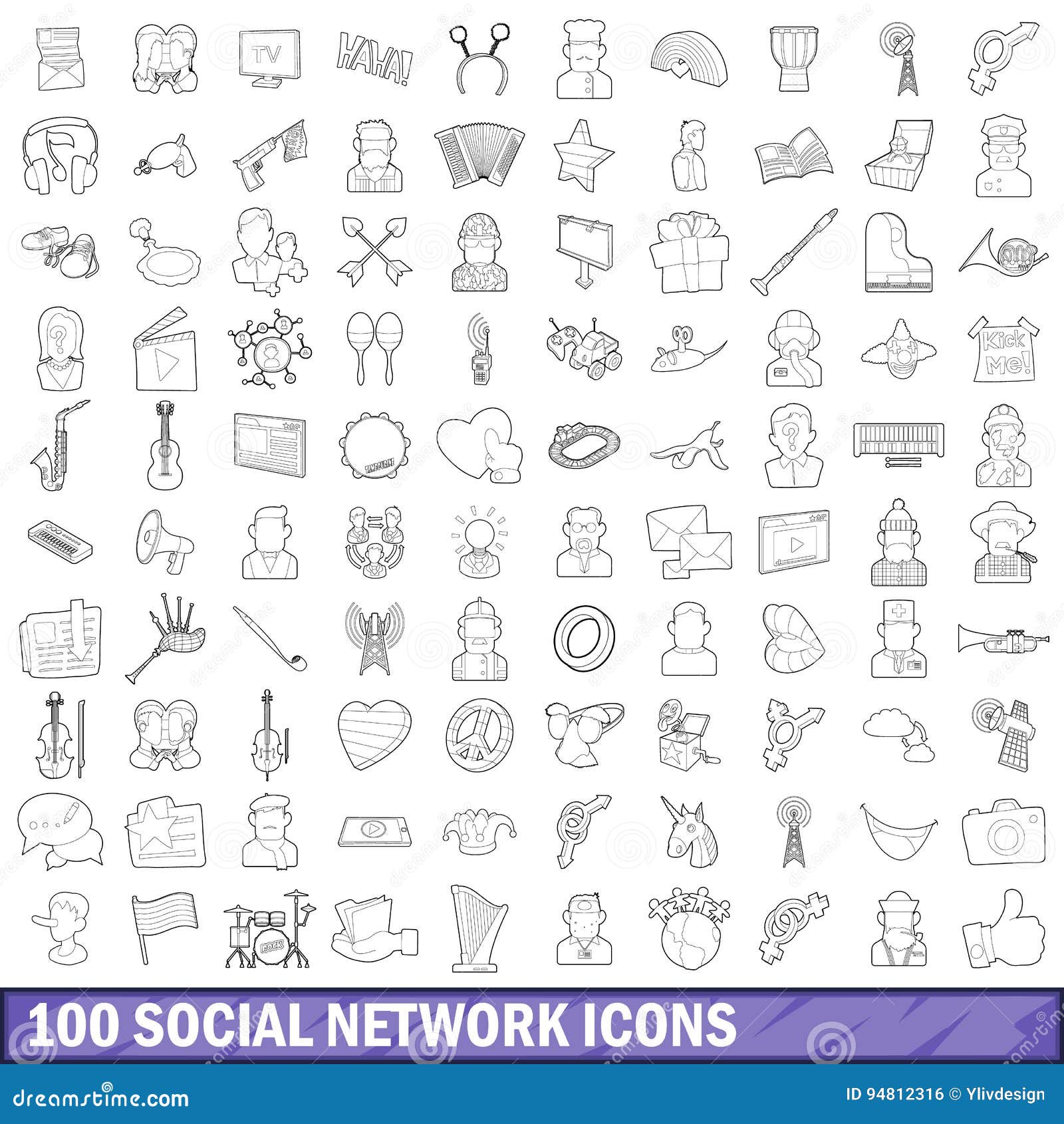 100 Social Network Icons Set, Outline Style Stock Vector - Illustration ...